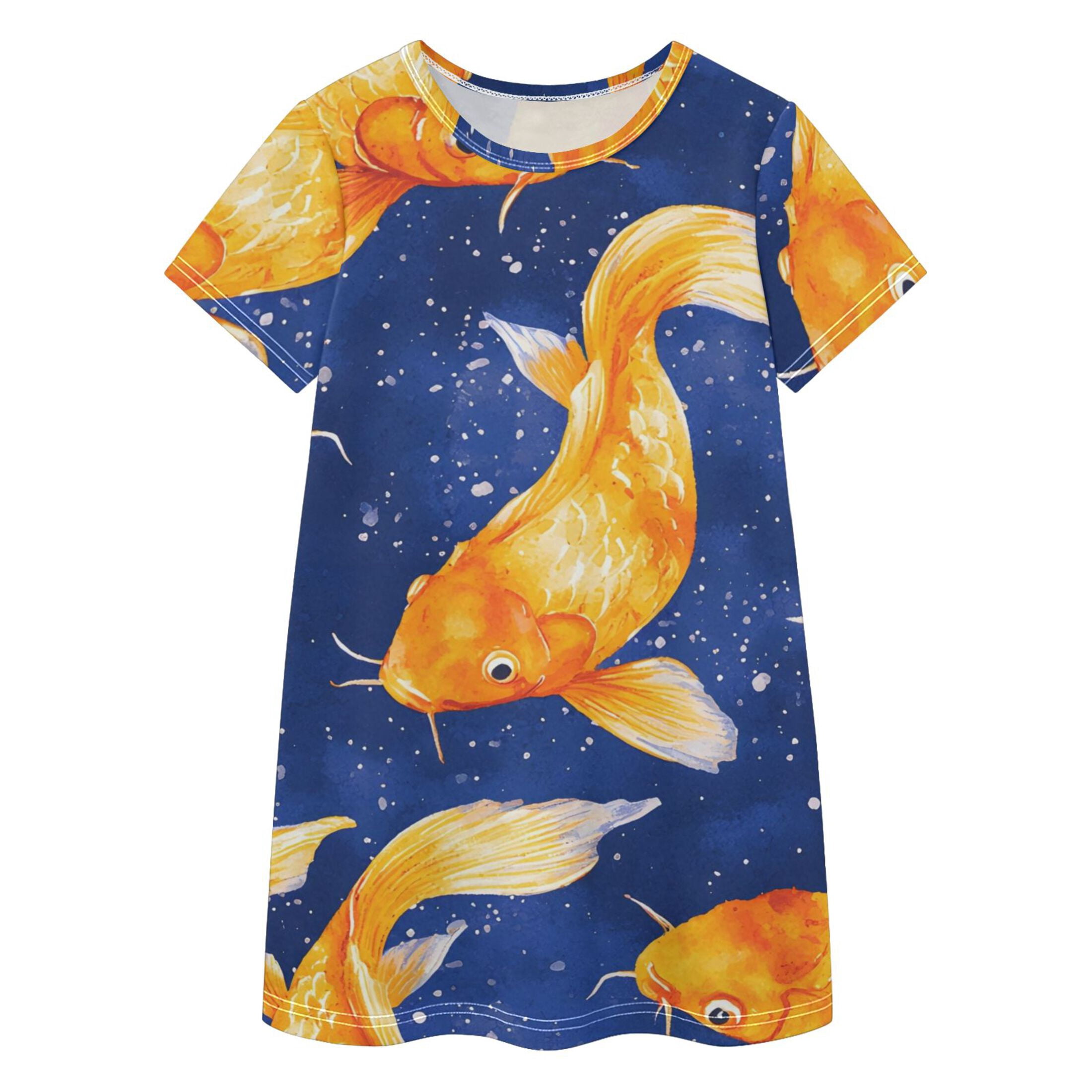 BZSMCE Short Sleeve dress Dress Casual Cotton Dresses-Koi Fish Pattern ...