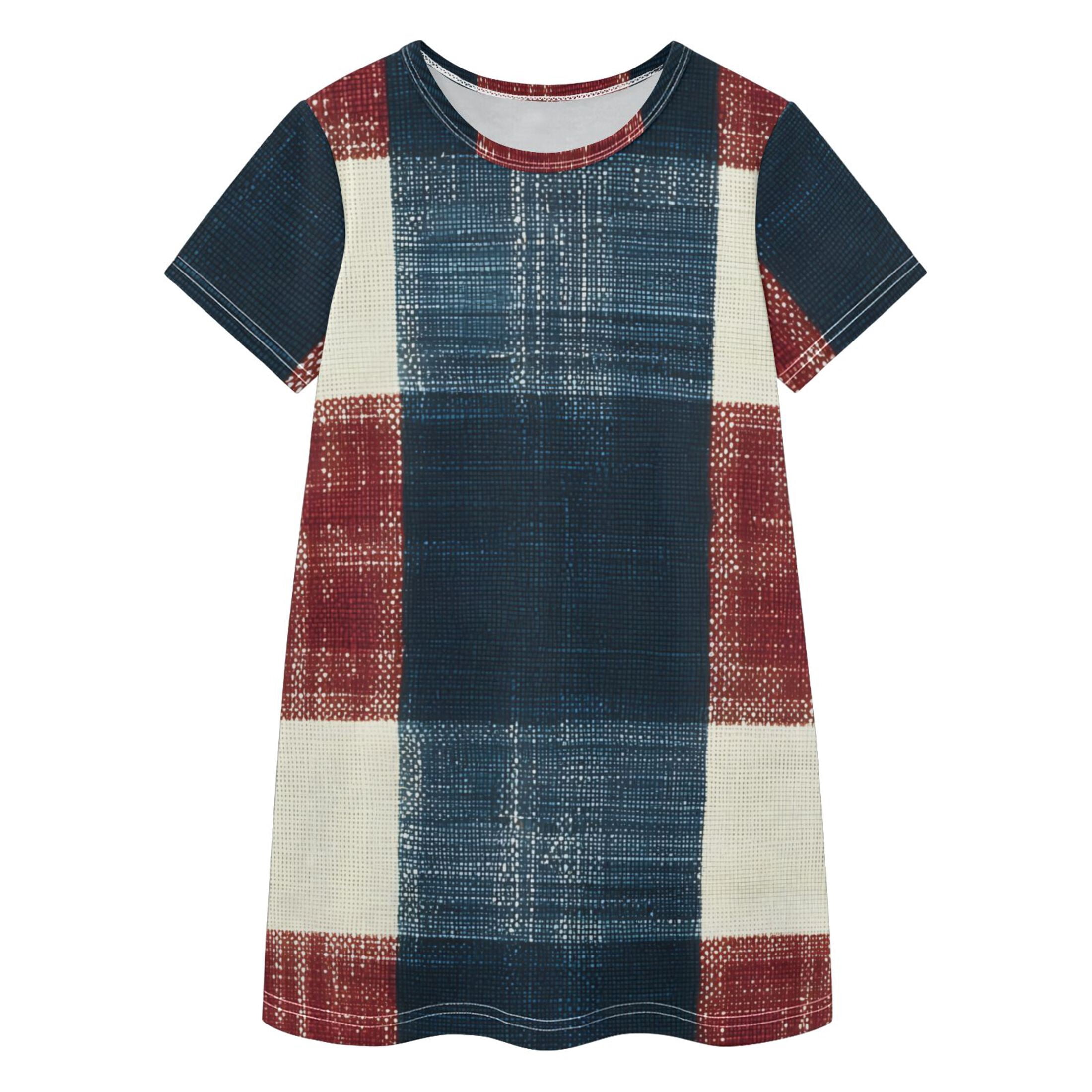 BZSMCE Short Sleeve dress Dress Casual Cotton Dresses-Navy Red Check ...