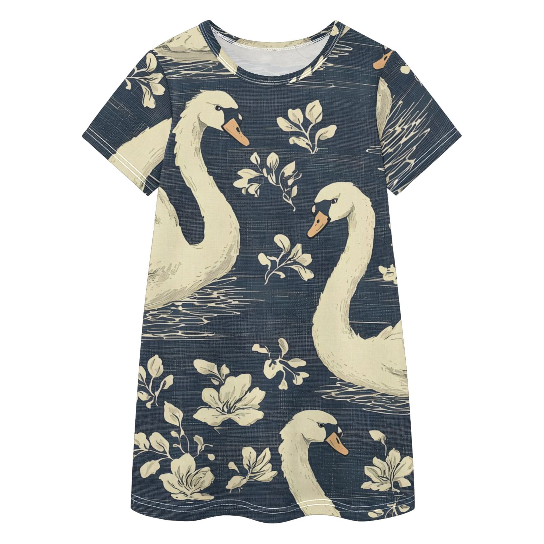 BZSMCE Short Sleeve dress Dress Casual Cotton Dresses-Navy Swan Floral ...