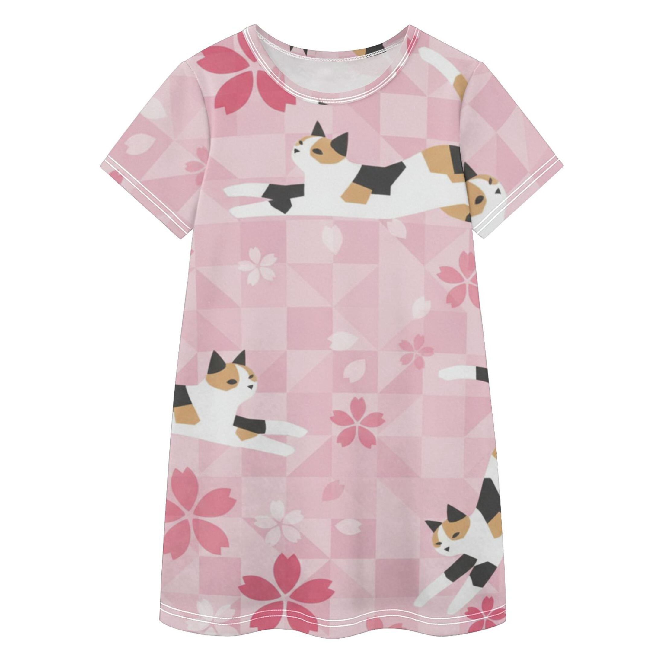 BZSMCE Short Sleeve dress Dress Casual Cotton Dresses-ネコ 猫 猫柄 和風 和柄 桜 ...