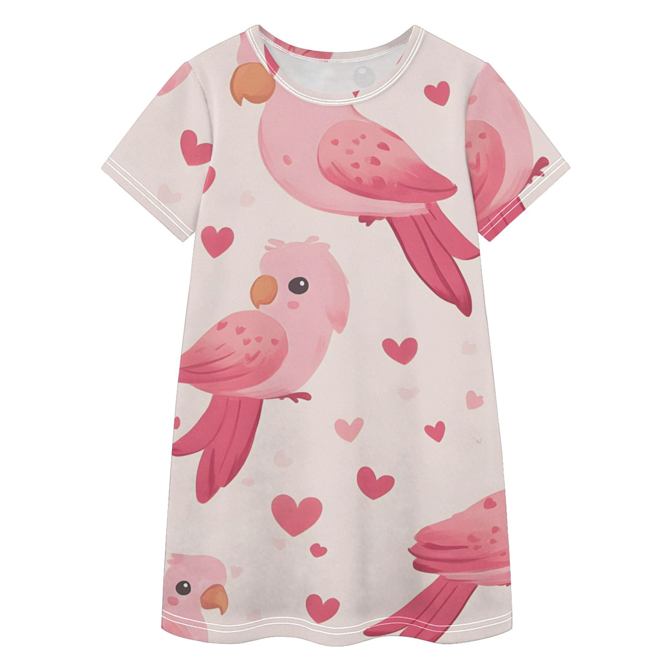 BZSMCE Short Sleeve dress Dress Casual Cotton Dresses-Pink Bird Pattern ...