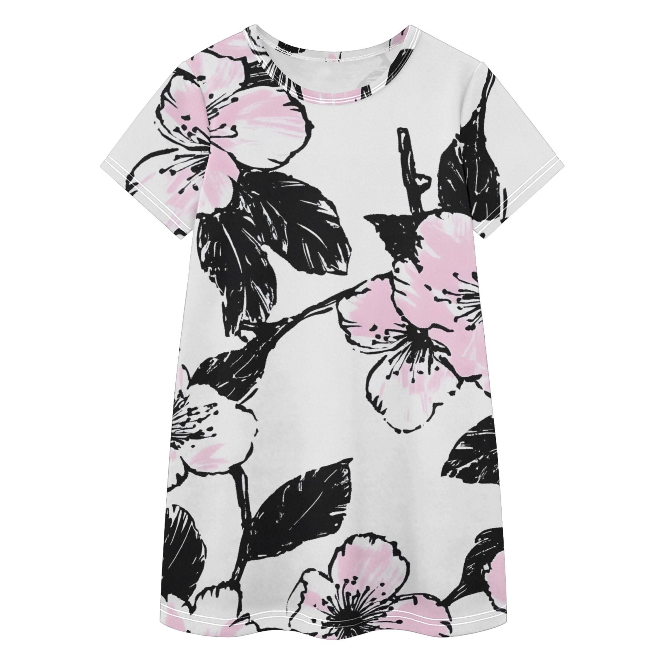 BZSMCE Short Sleeve dress Dress Casual Cotton Dresses-Pink Black Flower ...
