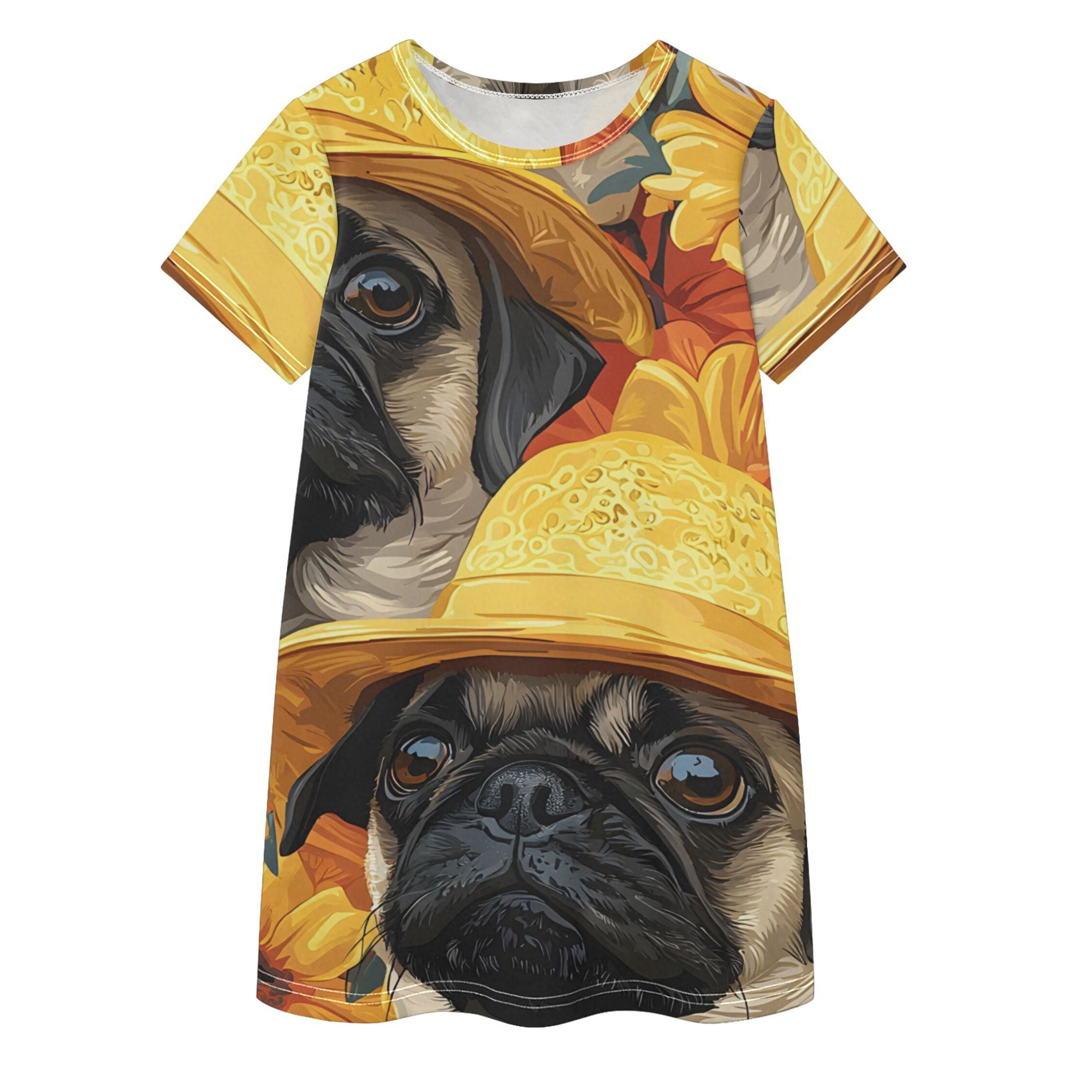BZSMCE Short Sleeve dress Dress Casual Cotton Dresses-Pug Hat Flower ...