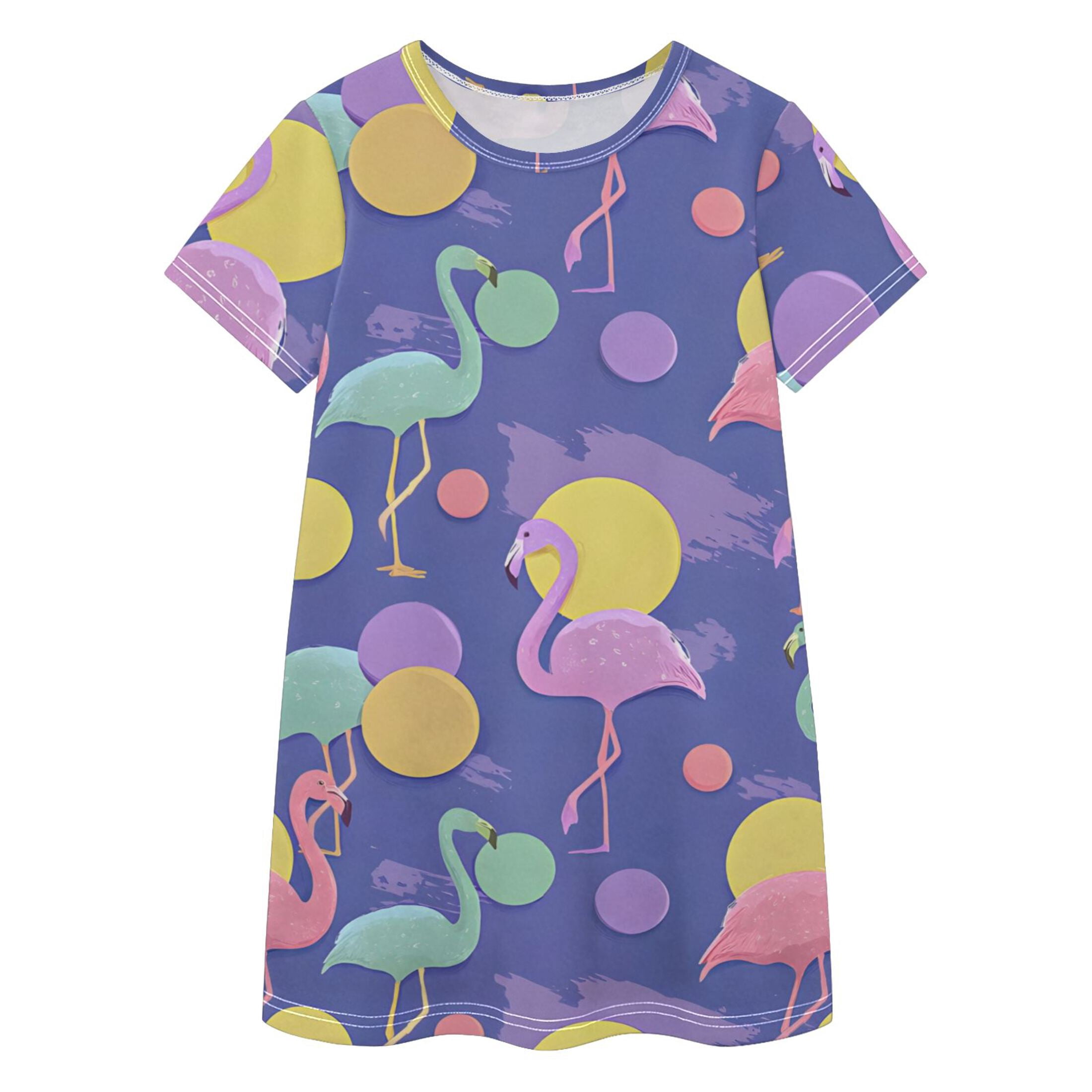 BZSMCE Short Sleeve dress Dress Casual Cotton Dresses-Purple Cartoon Flamingo Pattern Of Pattern ...