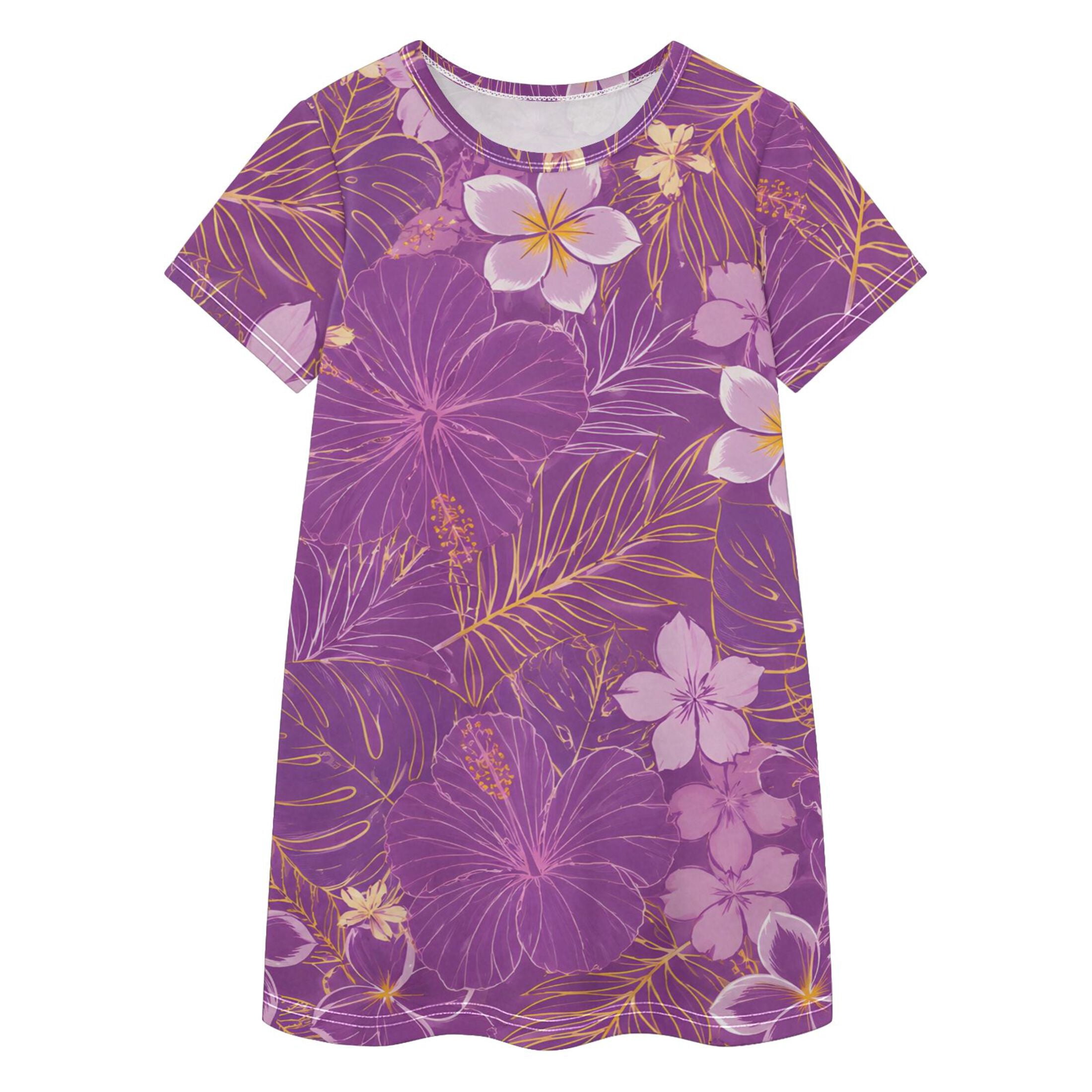 BZSMCE Short Sleeve dress Dress Casual Cotton Dresses-Purple Frangipani ...