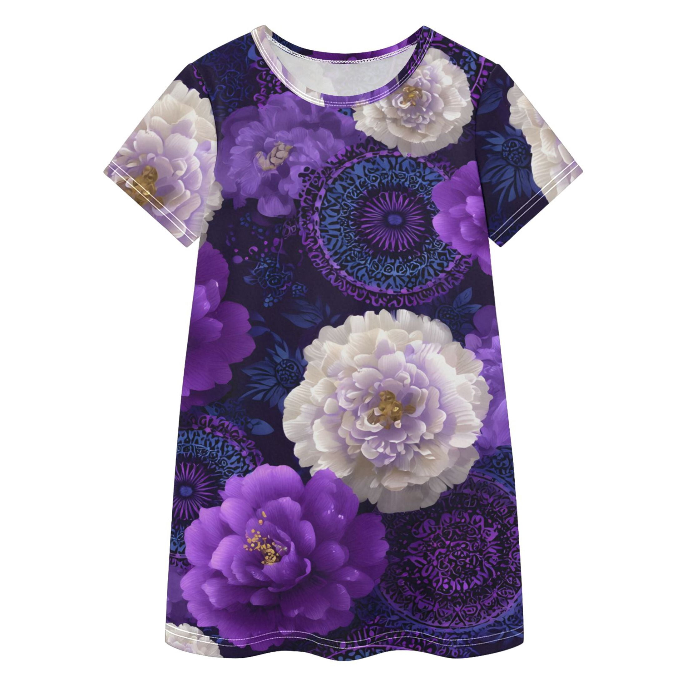 BZSMCE Short Sleeve dress Dress Casual Cotton Dresses-Purple White ...