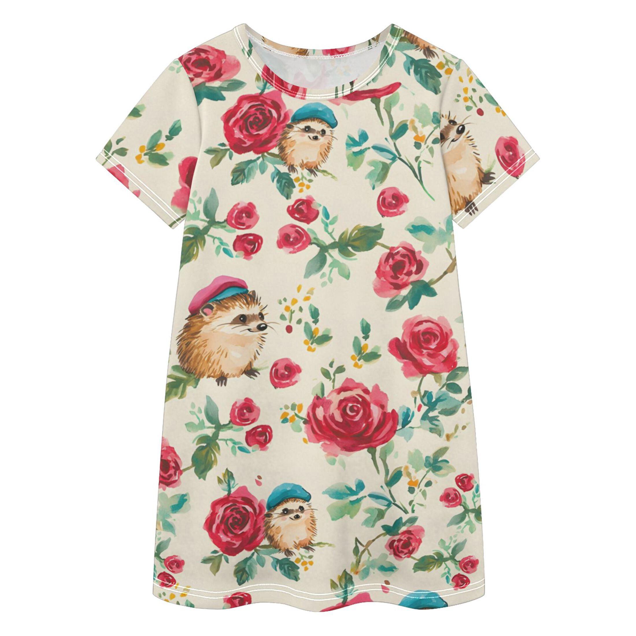 BZSMCE Short Sleeve dress Dress Casual Cotton Dresses-Rose Hedgehog ...
