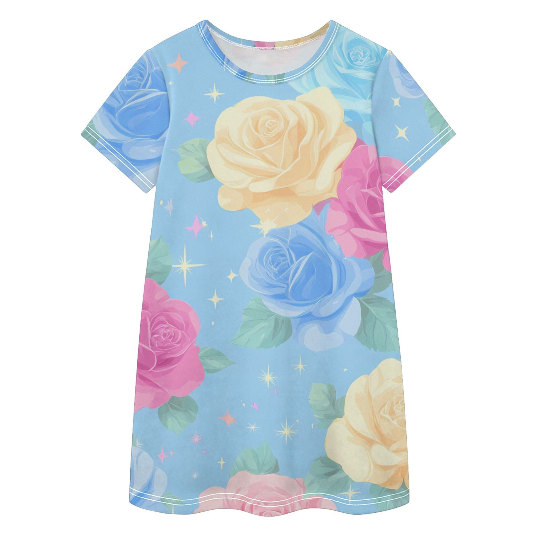 BZSMCE Short Sleeve dress Dress Casual Cotton Dresses-Roses Blue ...