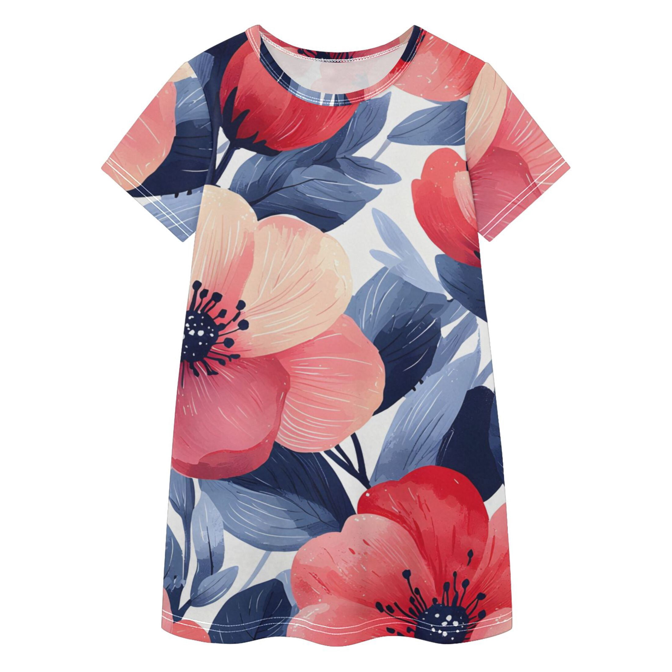 BZSMCE Short Sleeve dress Dress Casual Cotton Dresses-Soft Pink Flower ...