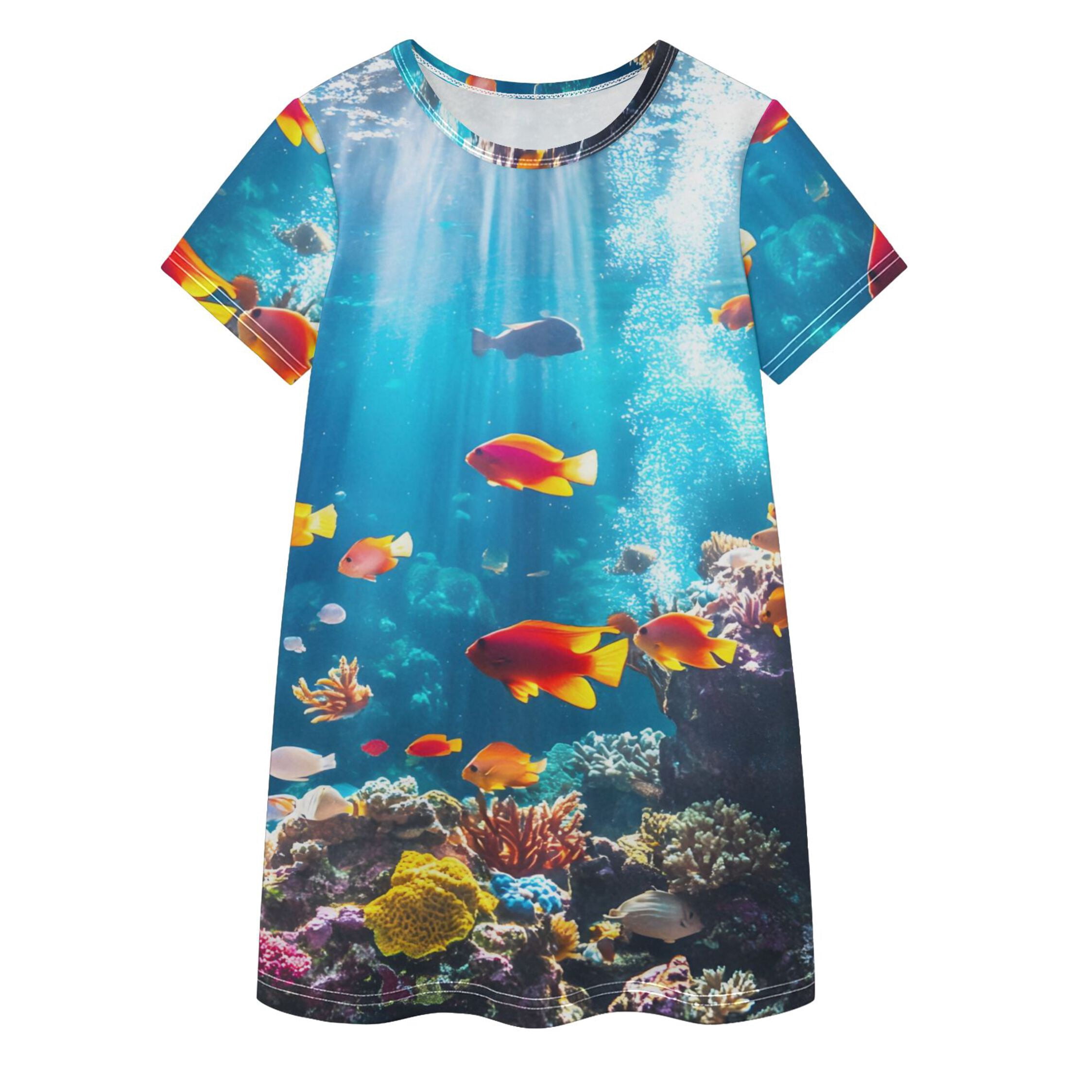 BZSMCE Short Sleeve dress Dress Casual Cotton Dresses-Underwater Fish ...