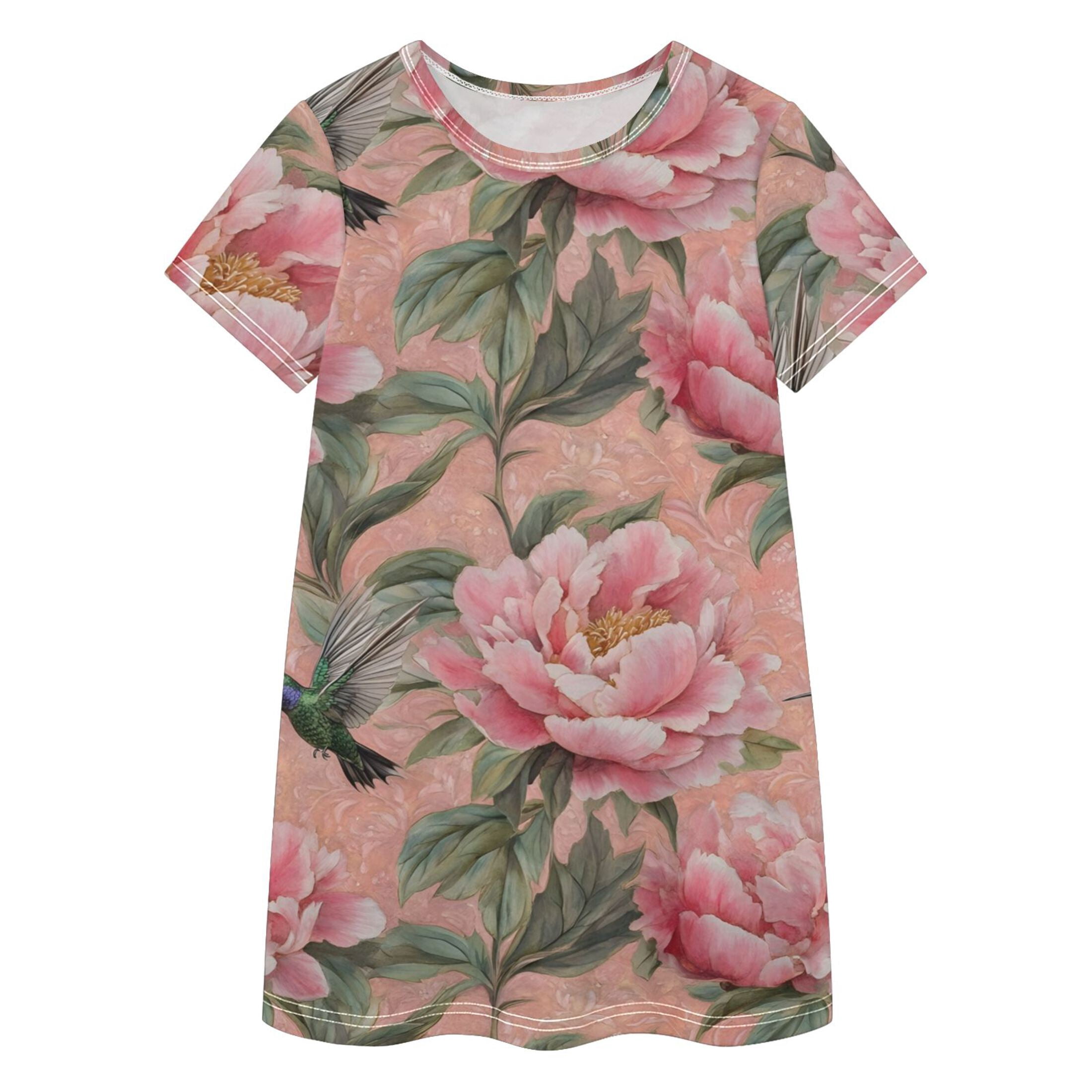 BZSMCE Short Sleeve dress Dress Casual Cotton Dresses-Watercolor Peony ...