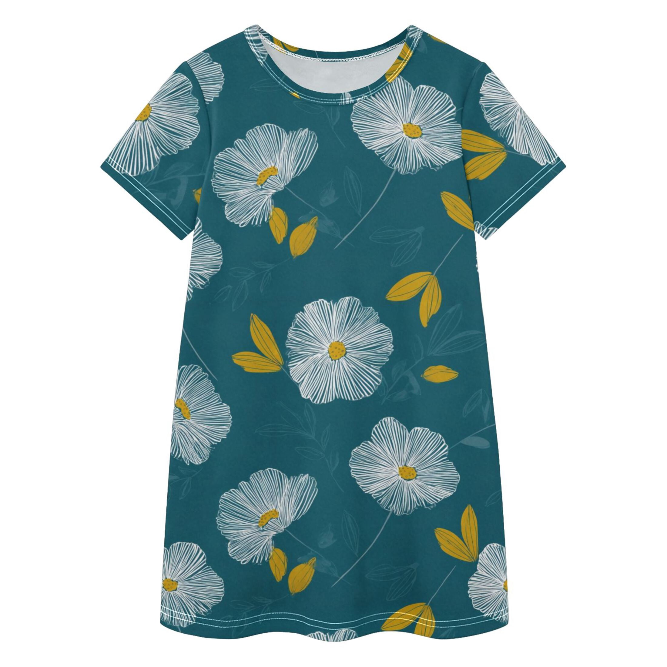 BZSMCE Short Sleeve dress Dress Casual Cotton Dresses-White Line Flower ...