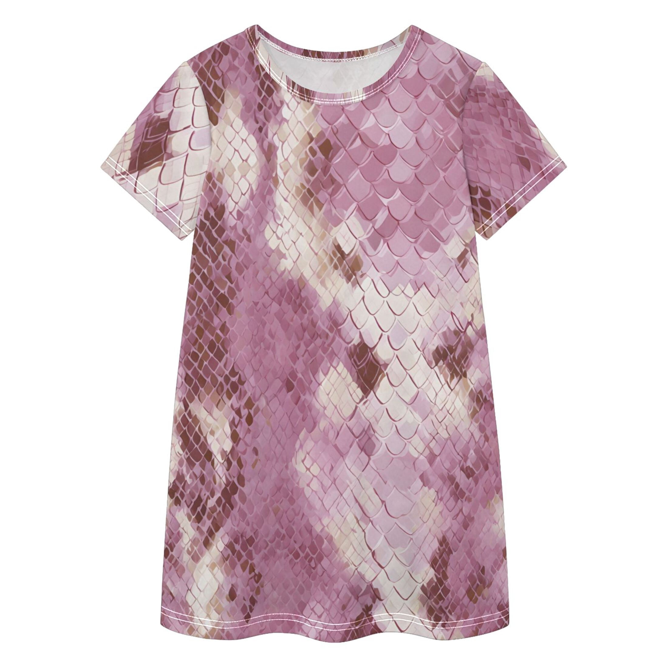 BZSMCE Short Sleeve dress Dress Casual Cotton Dresses-White Pink Snake ...