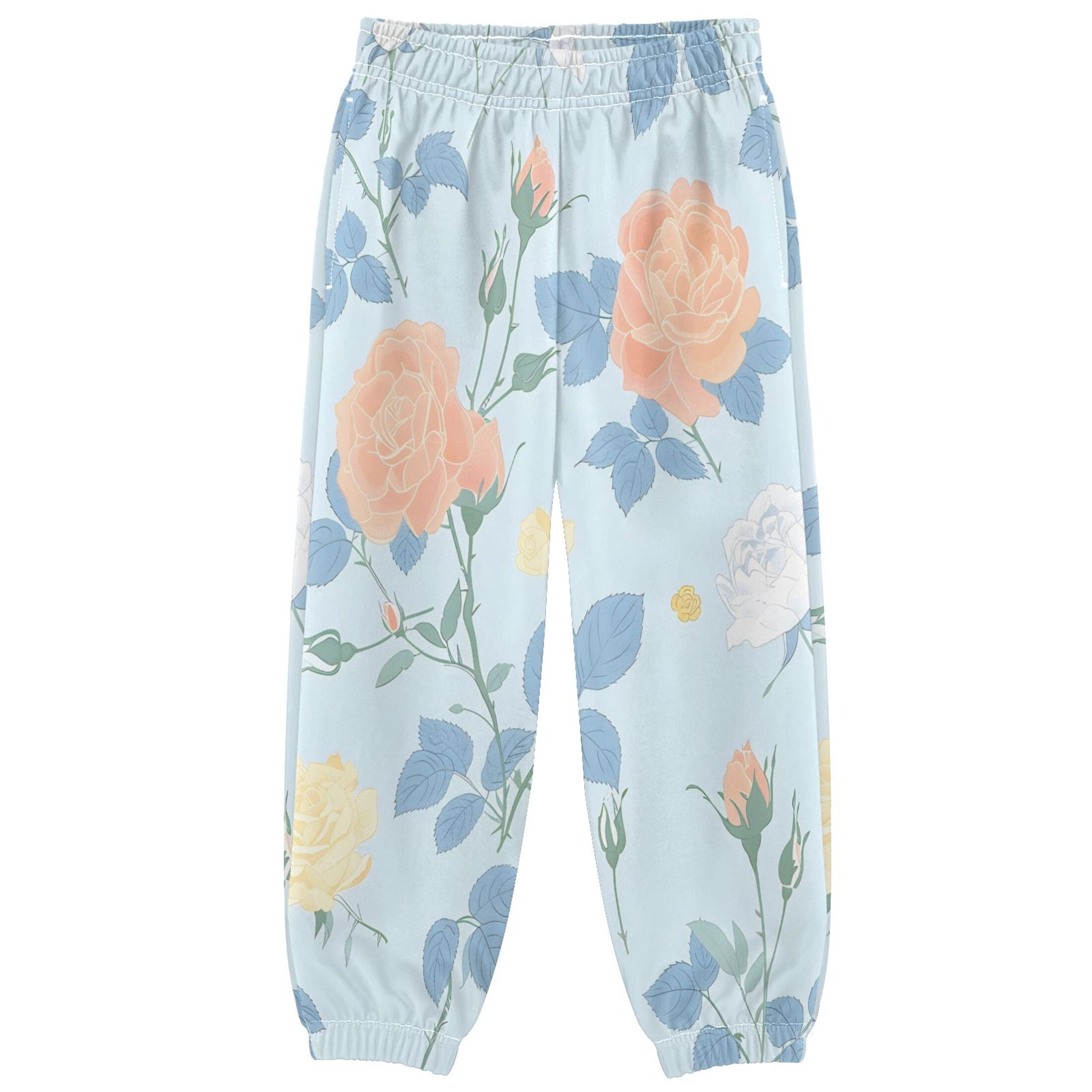 BZSMCE Simple Pastel Peach and Blue Pattern with Roses Green Leaves and ...