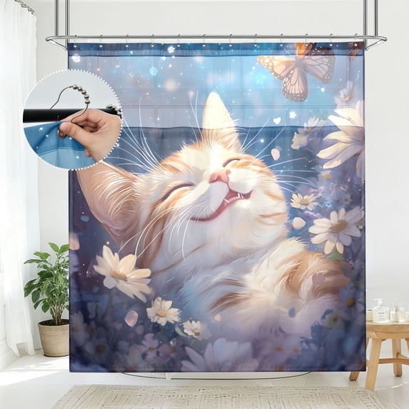 BZSMCE Smiling Cat Butterfly Pattern Bathroom Shower Curtain Set with ...