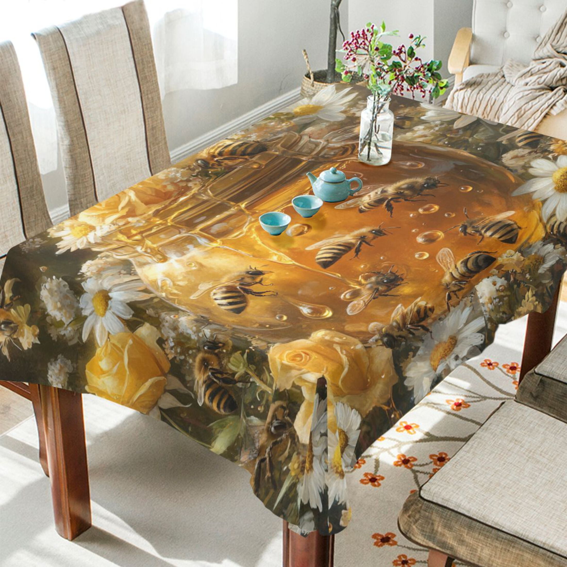 BZSMCE Square Tablecloth Bee Take Honey Painting Pattern Tableclothes ...