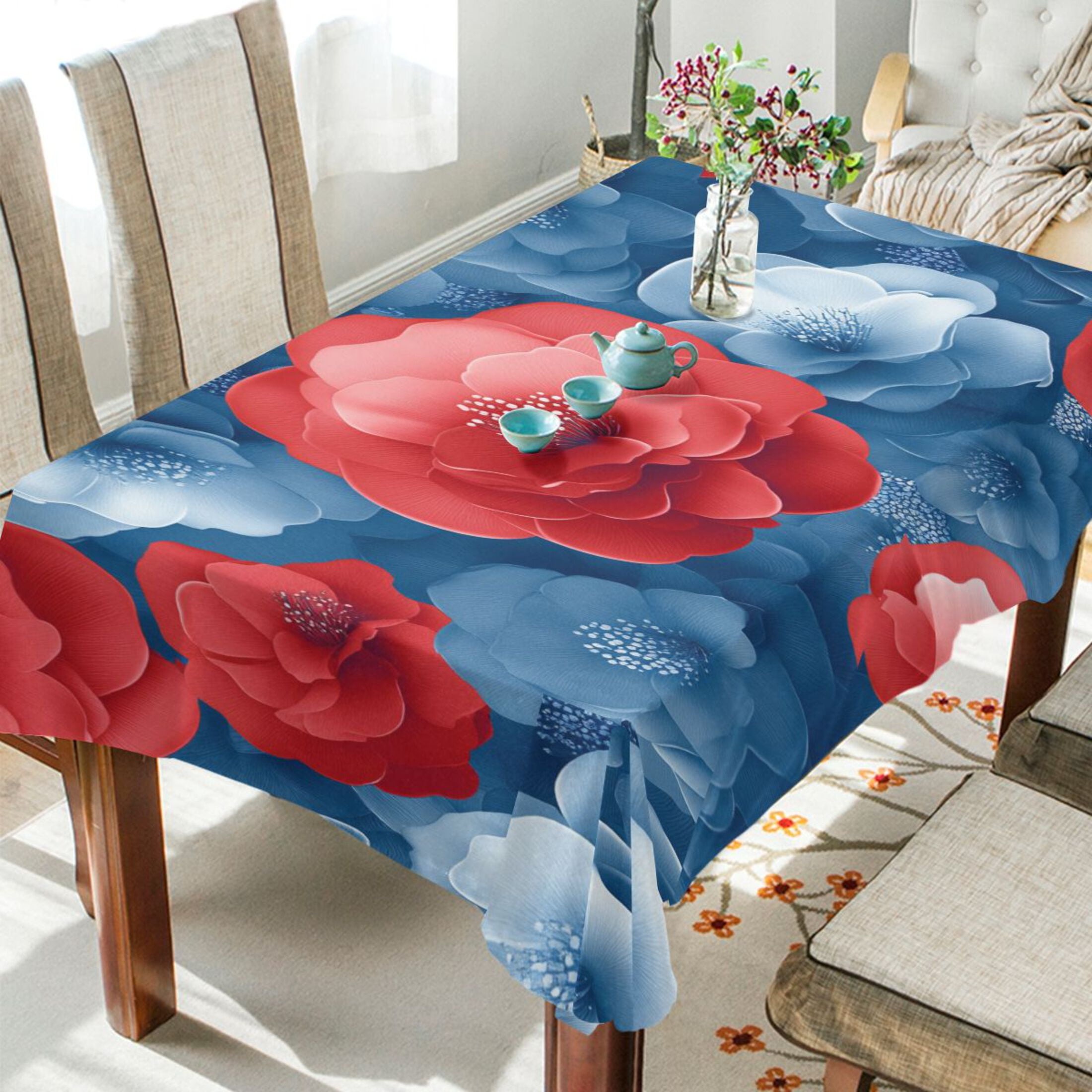 BZSMCE Square Tablecloth Blue and Red Blossom Pattern Pattern ...