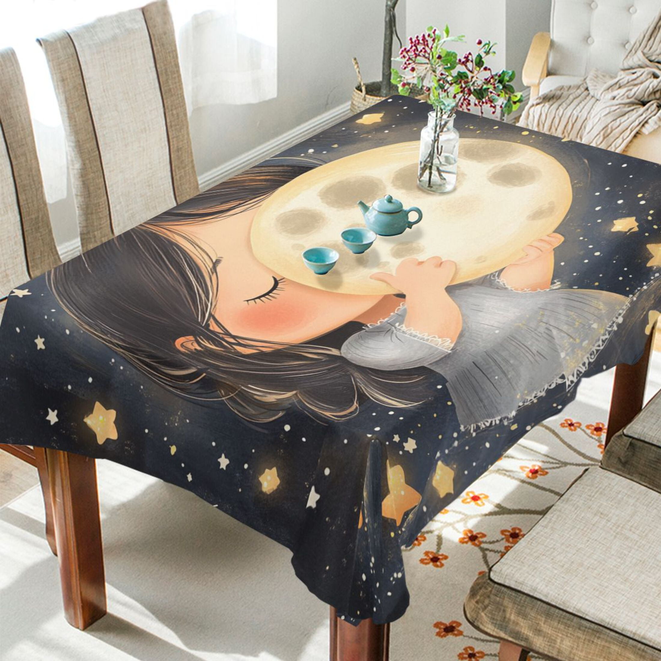 YAZAOO Square Tablecloth Cute Girl Holding The Moon Pattern ...