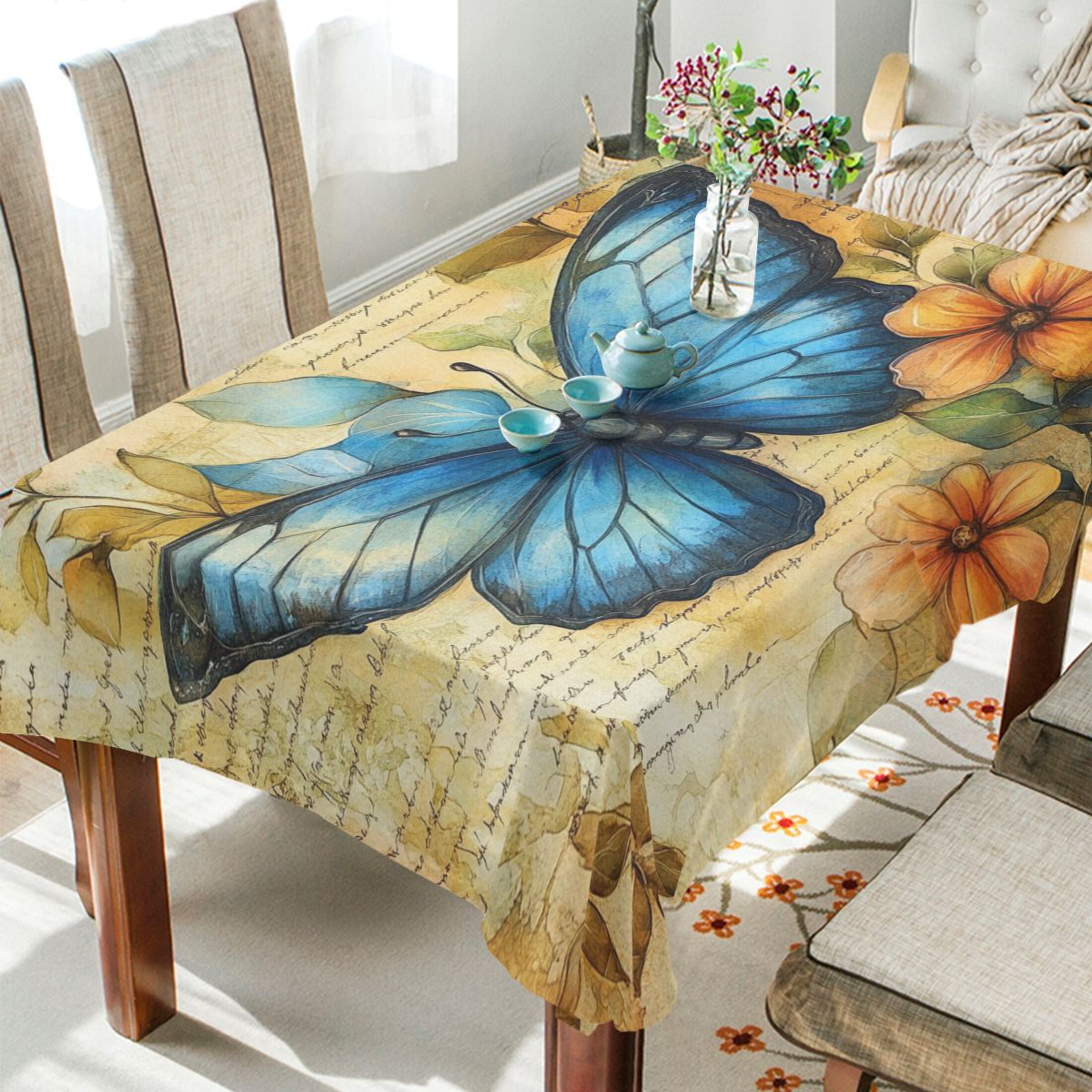 YAZAOO Square Tablecloth Drawing Blue Butterfly Pattern Tableclothes ...