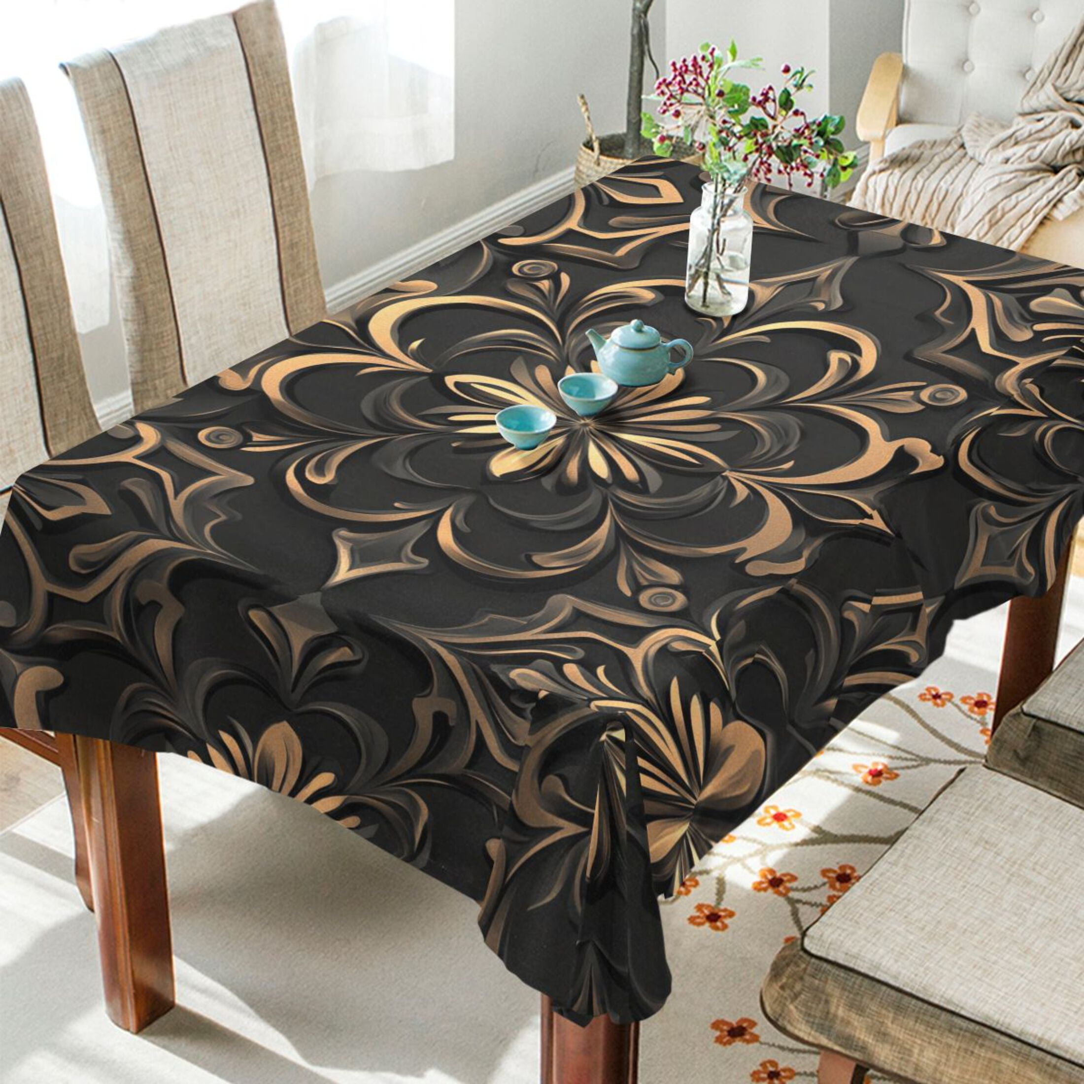 BZSMCE Square Tablecloth Elegant Black and Gold Painting Pattern ...