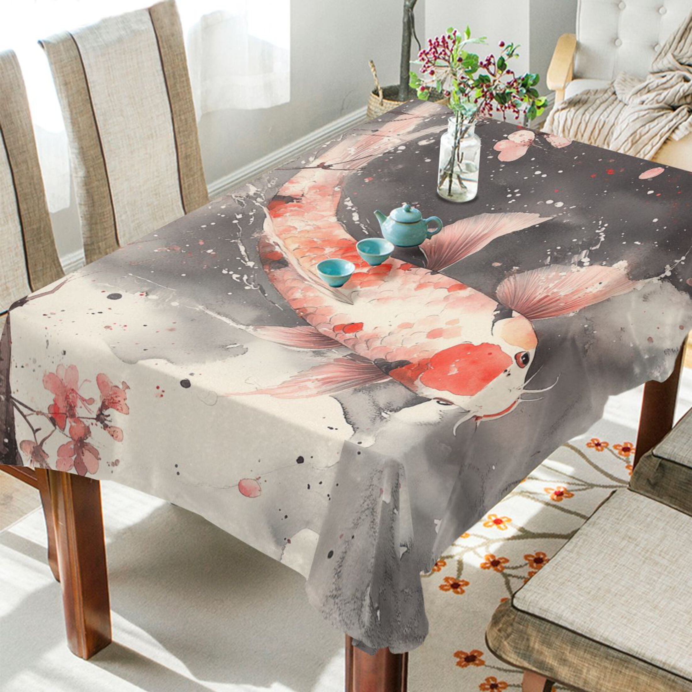 YAZAOO Square Tablecloth Goldfish with Cherry Pattern Tableclothes ...