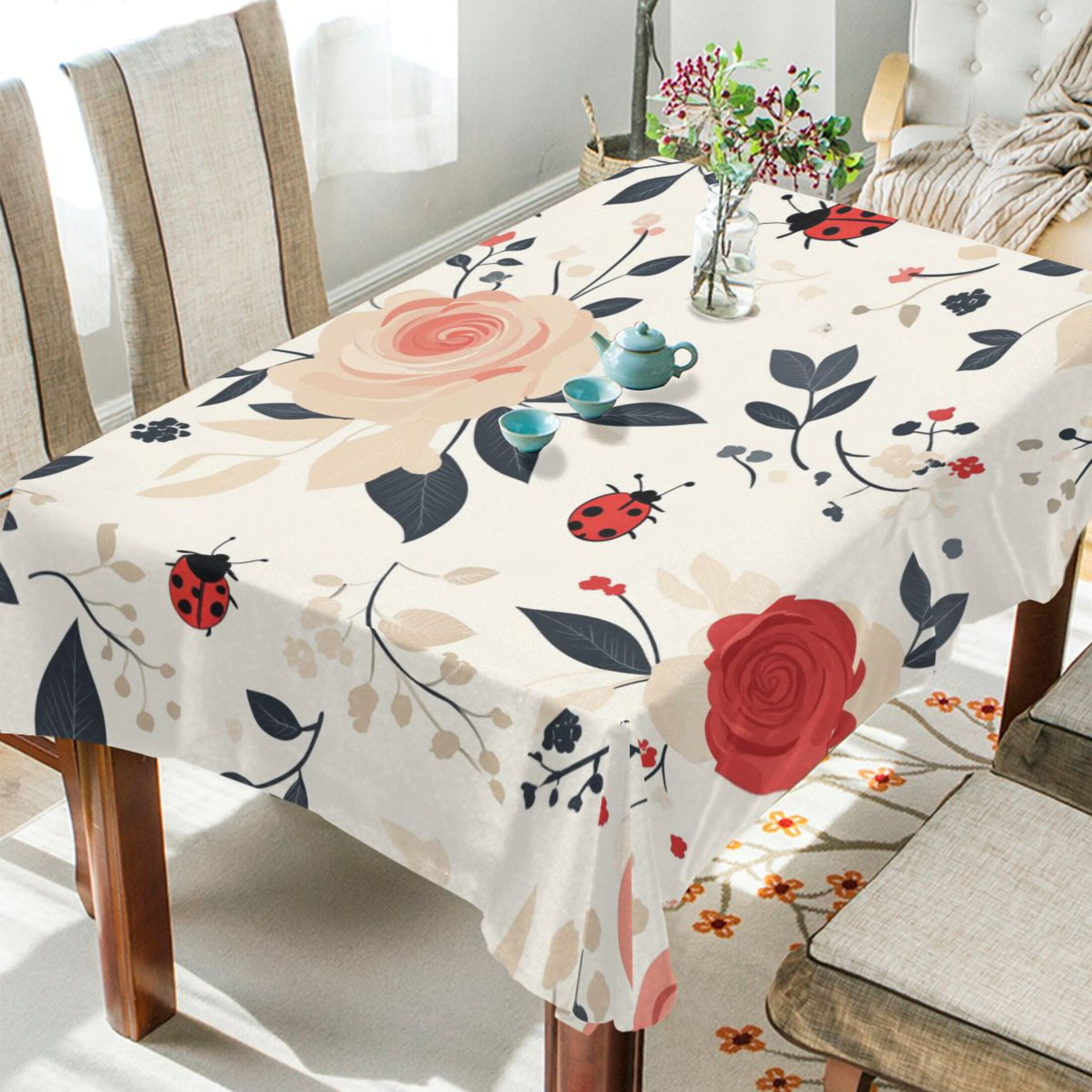 BZSMCE Square Tablecloth Ladybug Rose Garden Pattern Tableclothes ...