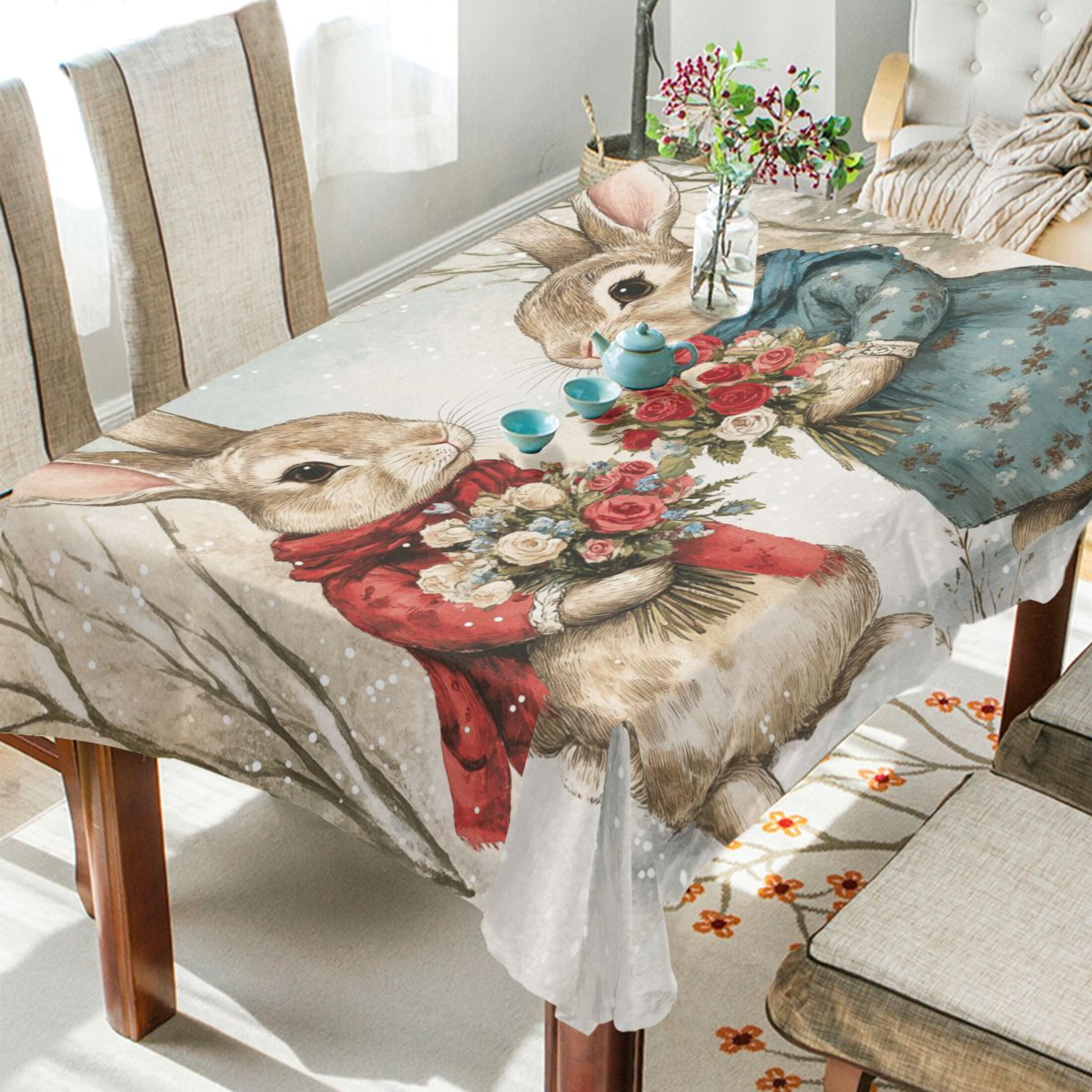 YAZAOO Square Tablecloth Rabbit Holding Bouquets Pattern Tableclothes ...