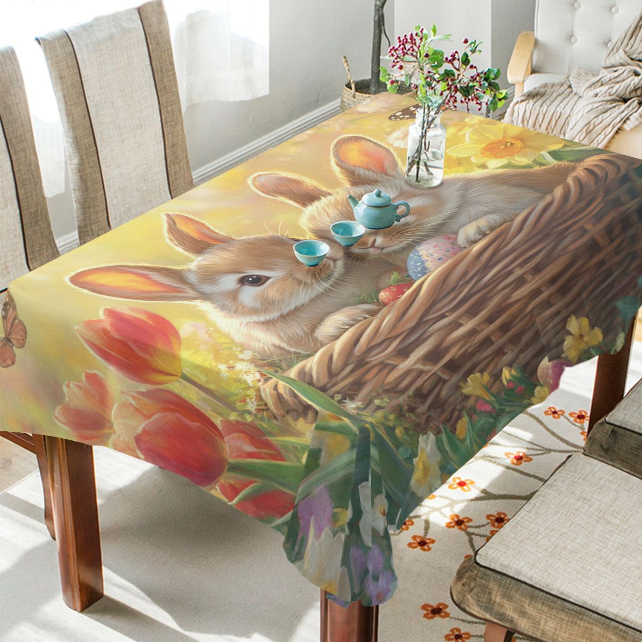 YAZAOO Square Tablecloth Rabbit on Easter Basket Pattern Tableclothes ...