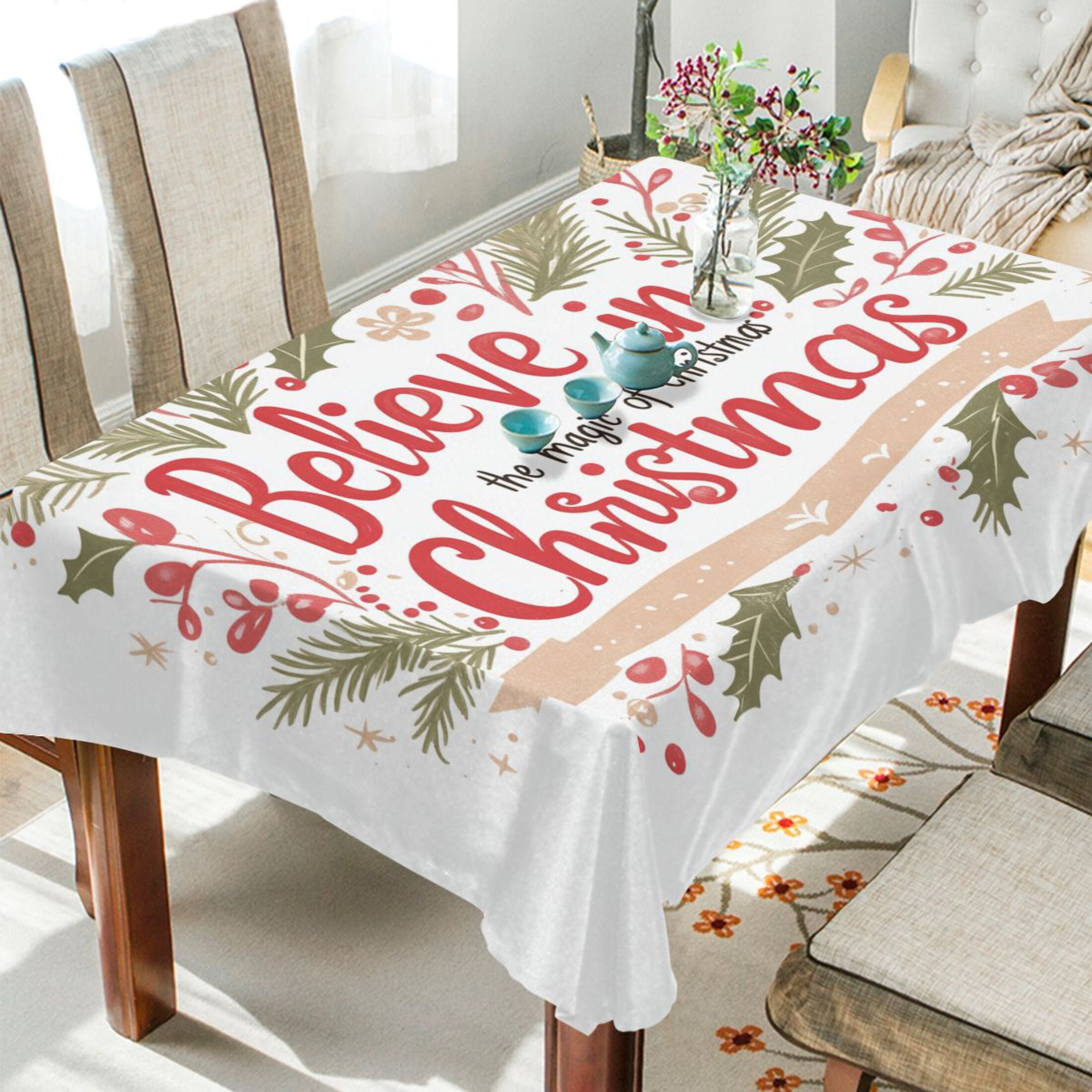 BZSMCE Square Tablecloth Red Merry Christmas with Leaf and Berry ...