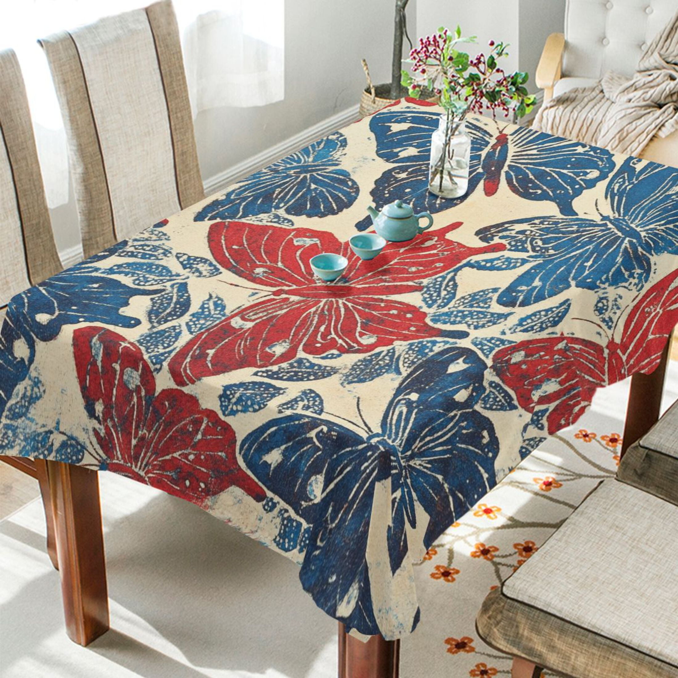 BZSMCE Square Tablecloth Red and Blue Butterflies Pattern Tableclothes ...