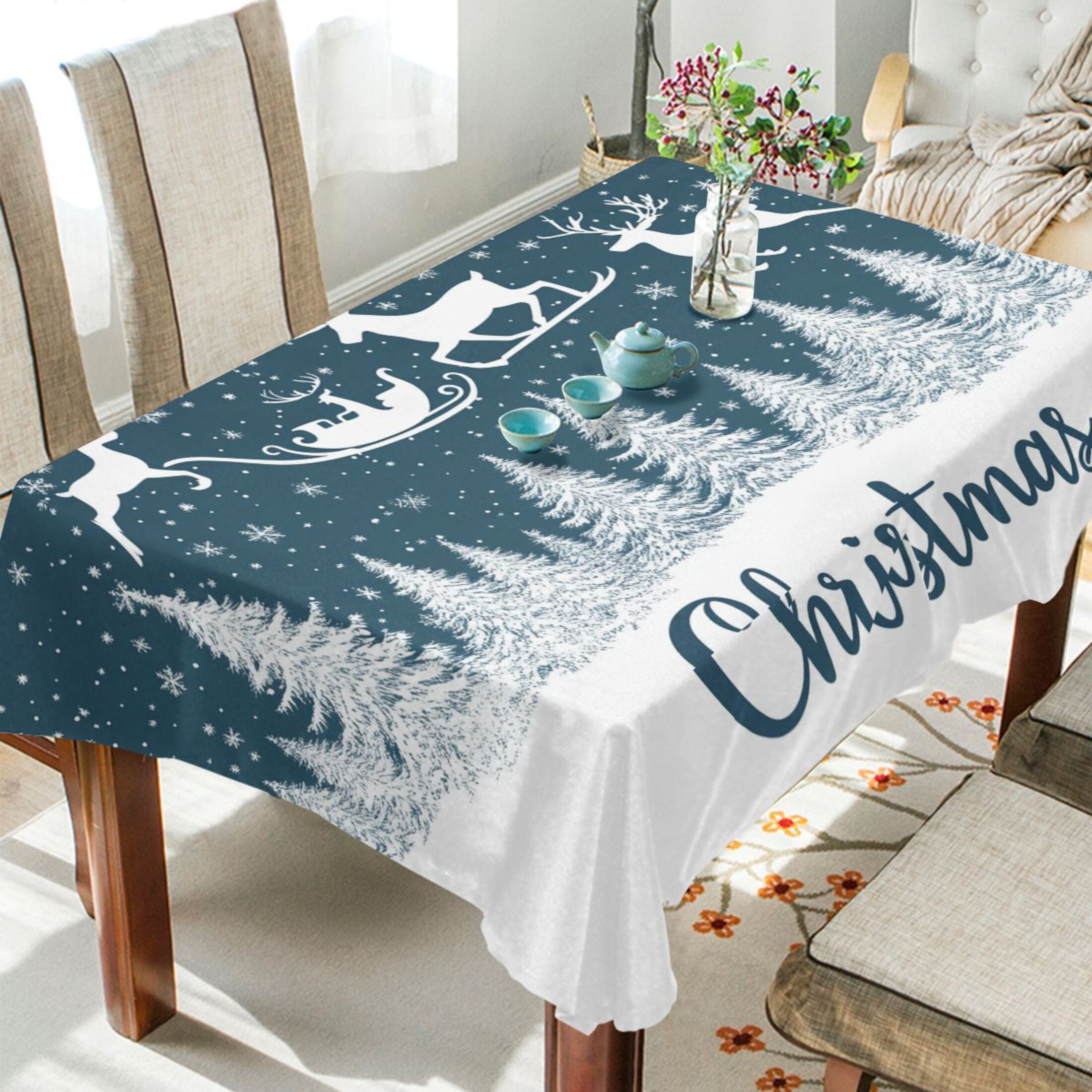 BZSMCE Square Tablecloth Reindeer Soaring on The Blue Sky Pattern ...