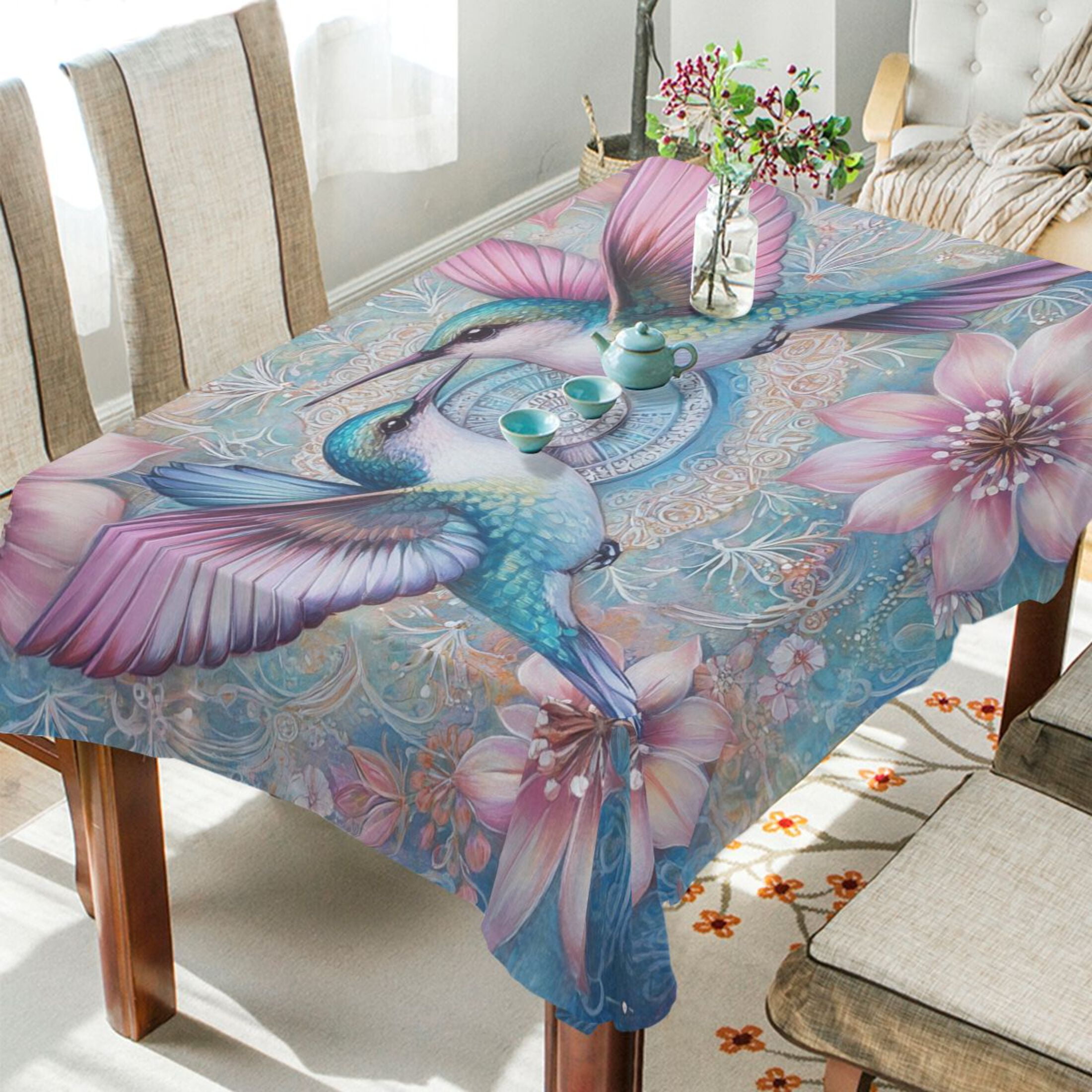 BZSMCE Square Tablecloth Springtime Hummingbird Kiss Pattern ...