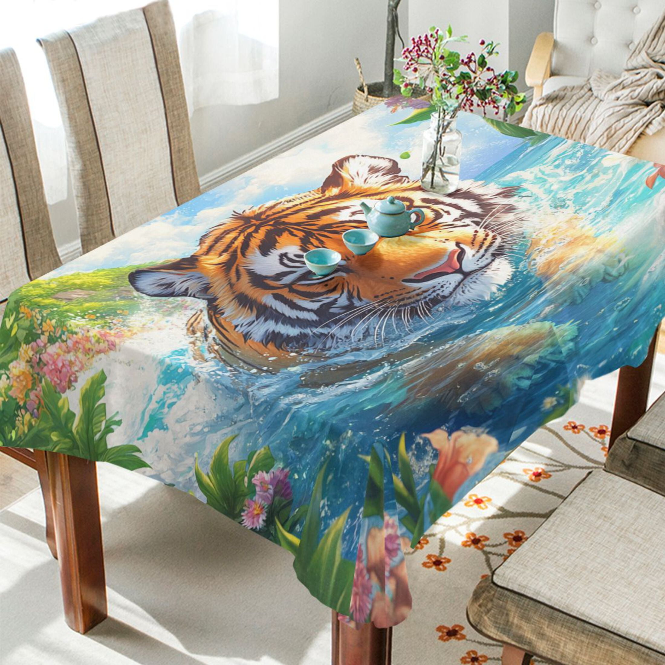 BZSMCE Square Tablecloth Tiger’s Majestic Swim Pattern Tableclothes ...