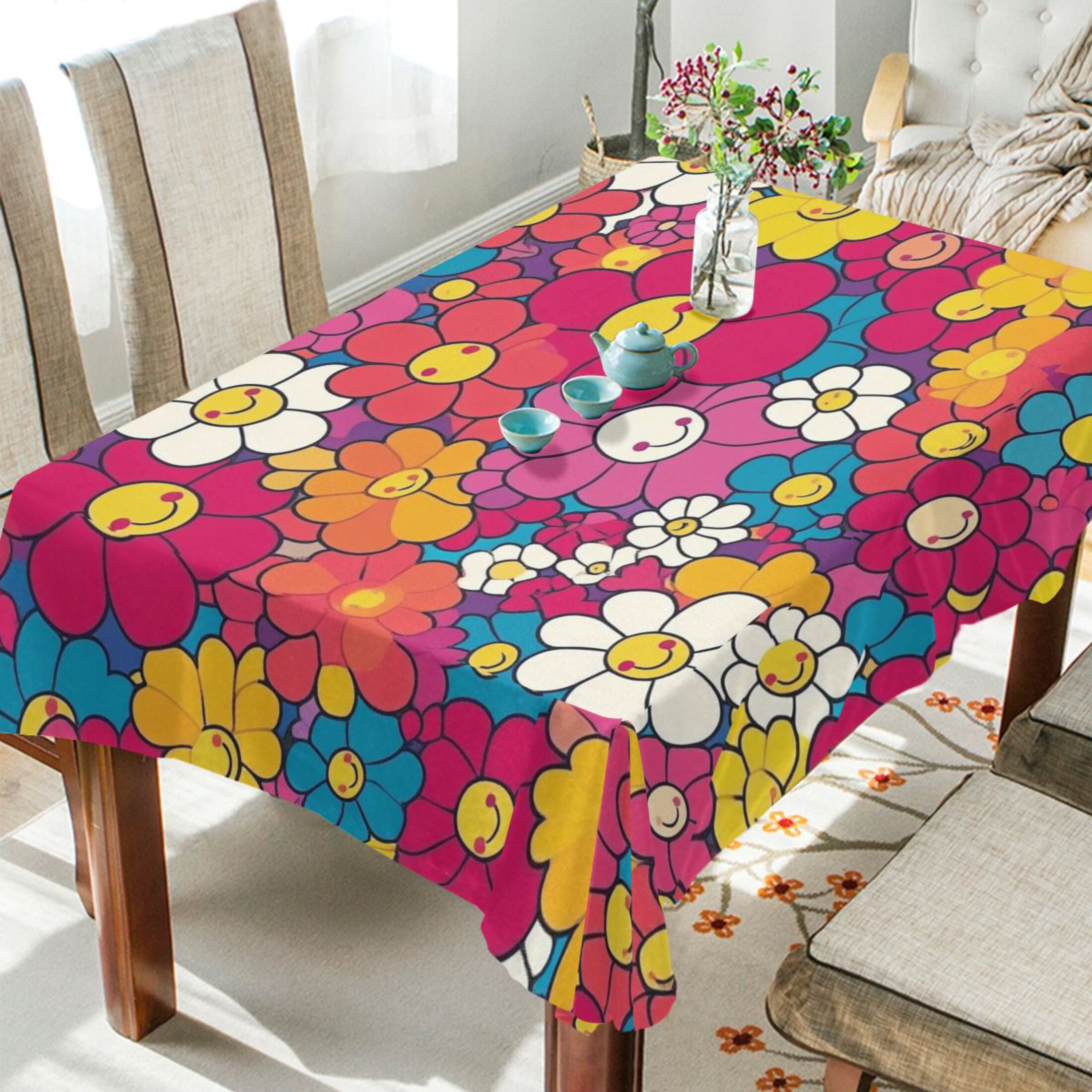BZSMCE Square Tablecloth Vibrant Smiles in Bloom Pattern Tableclothes ...