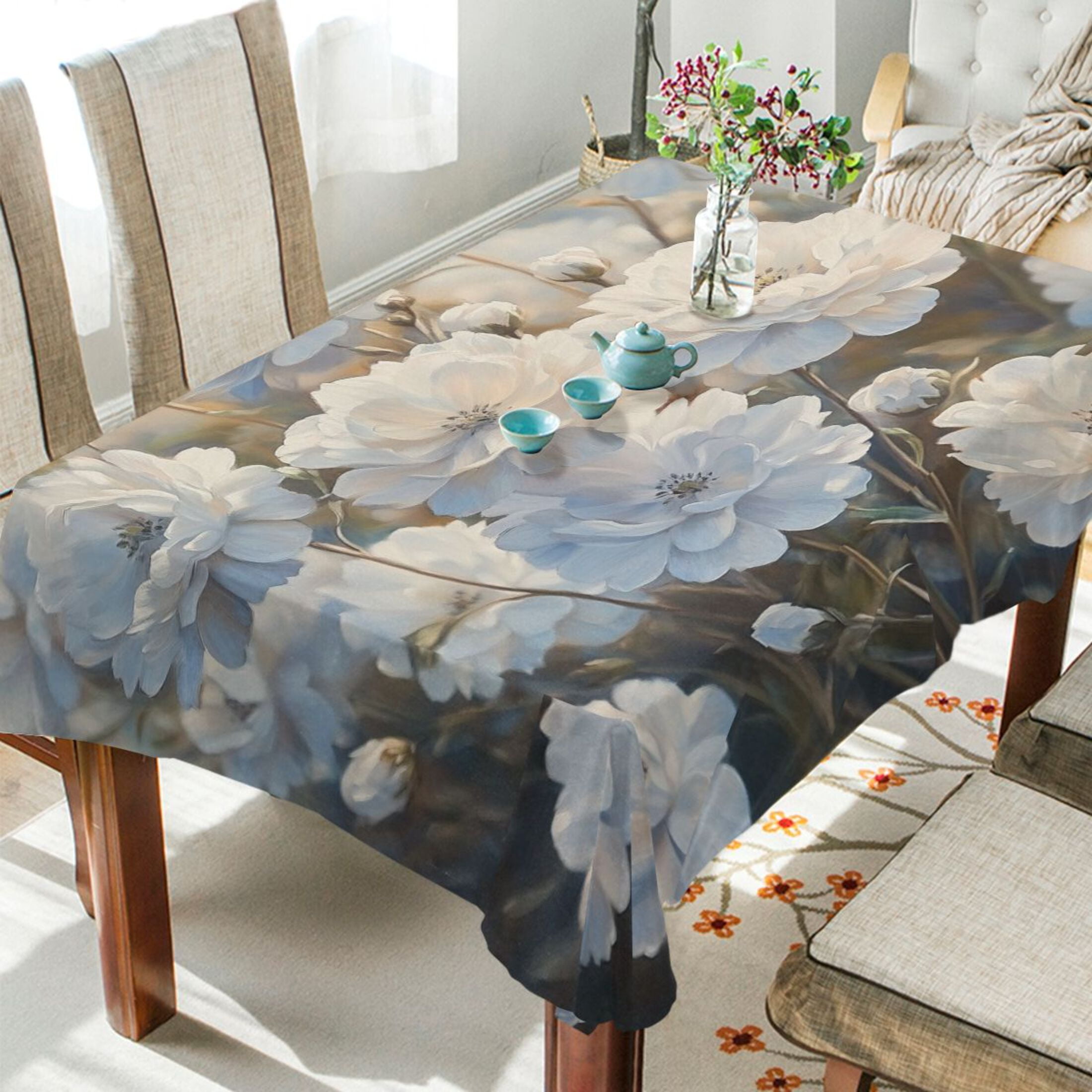 BZSMCE Square Tablecloth White Flowers Blooming Painting Pattern ...