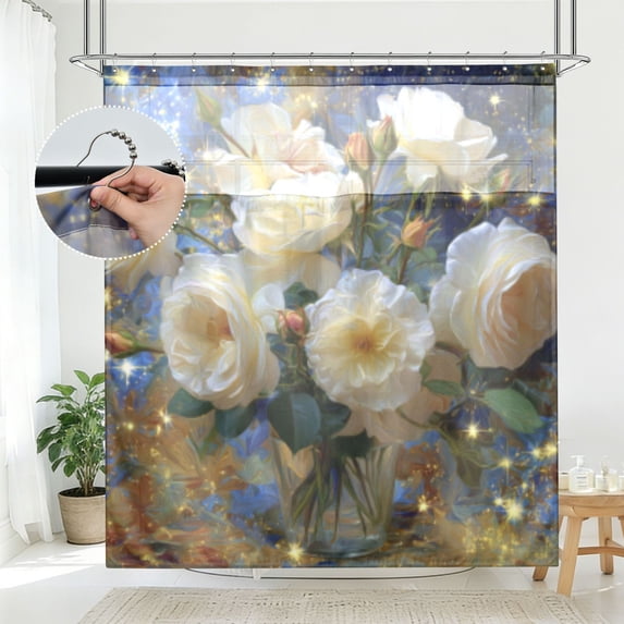 BZSMCE Starry White Bouquet Pattern Bathroom Shower Curtain Set with ...