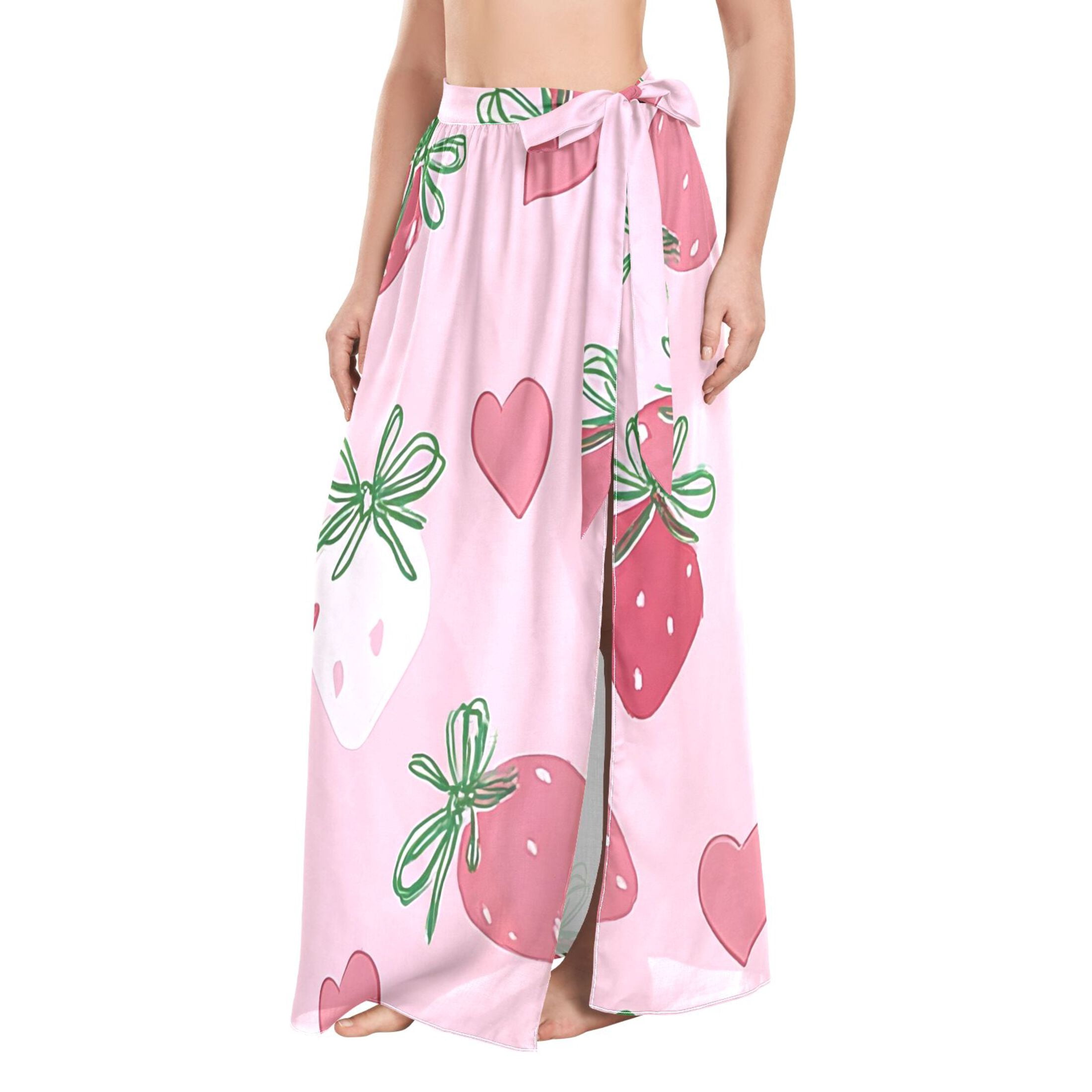 BZSMCE Strawberry Bow Heart Pattern Maxi Cover-Up Skirt, Lightweight ...
