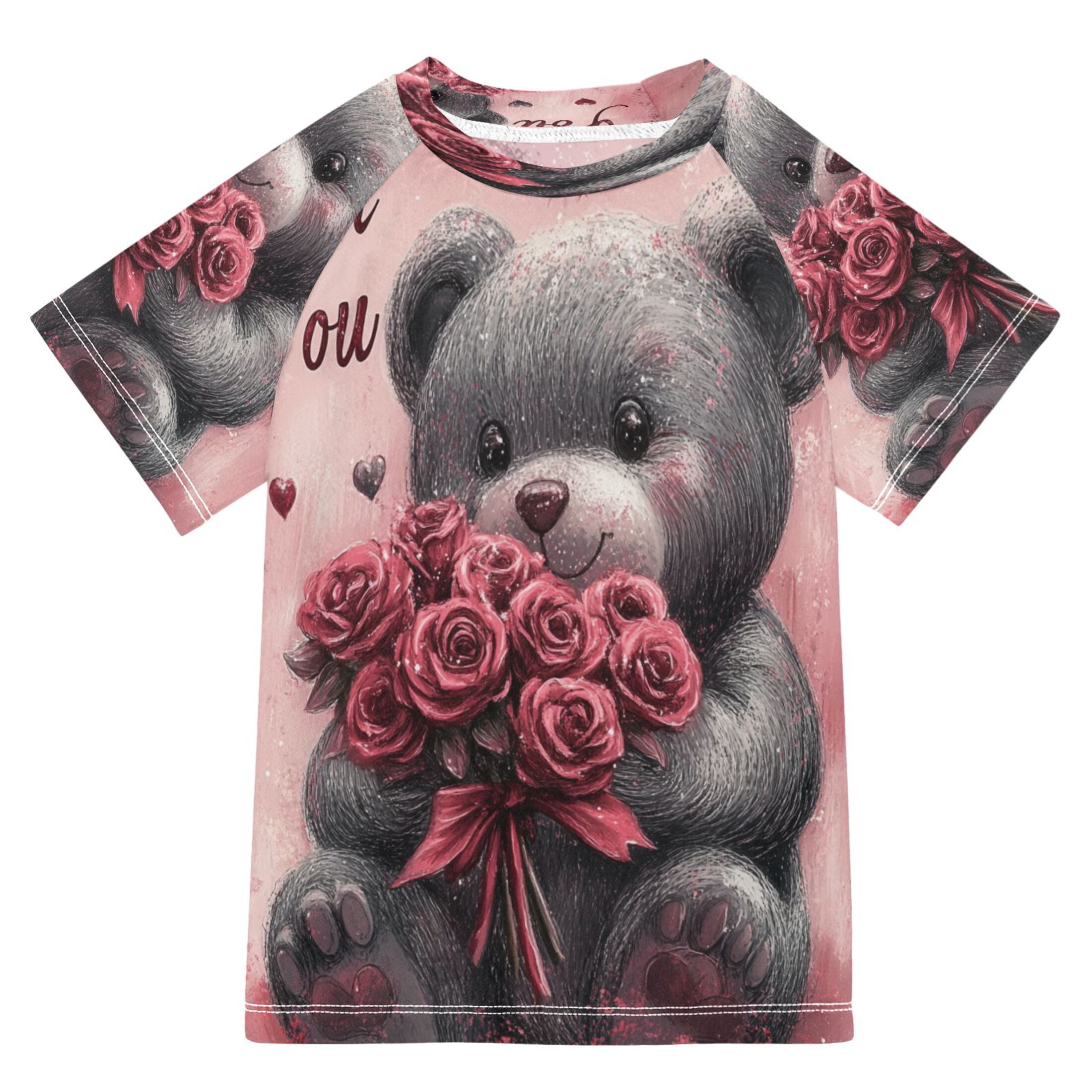 BZSMCE Summer T-shirt Sunscreen Bear Holding Rose Pattern Swim Tops ...