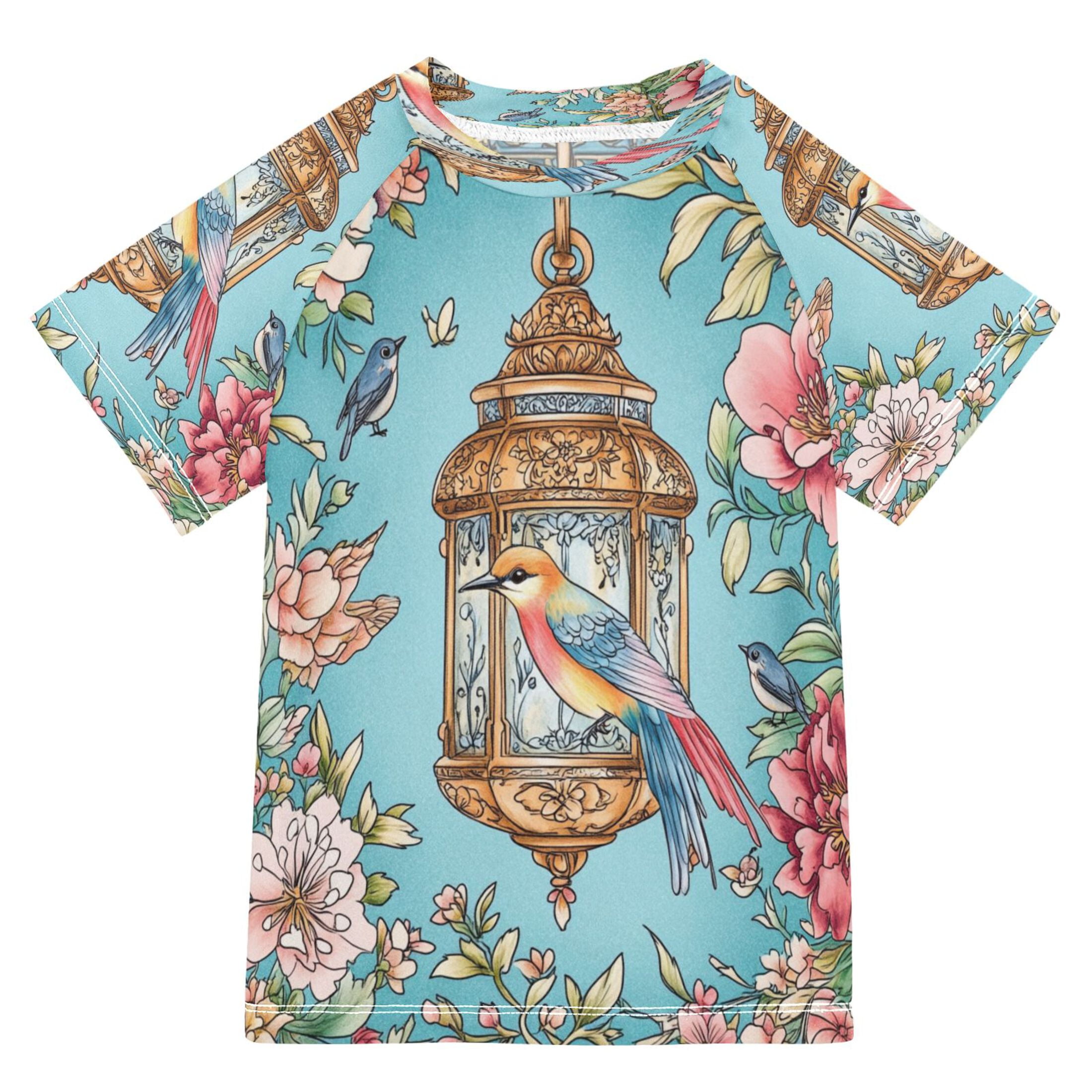 BZSMCE Summer T-shirt Sunscreen Floral Lantern with Birds Pattern Swim ...