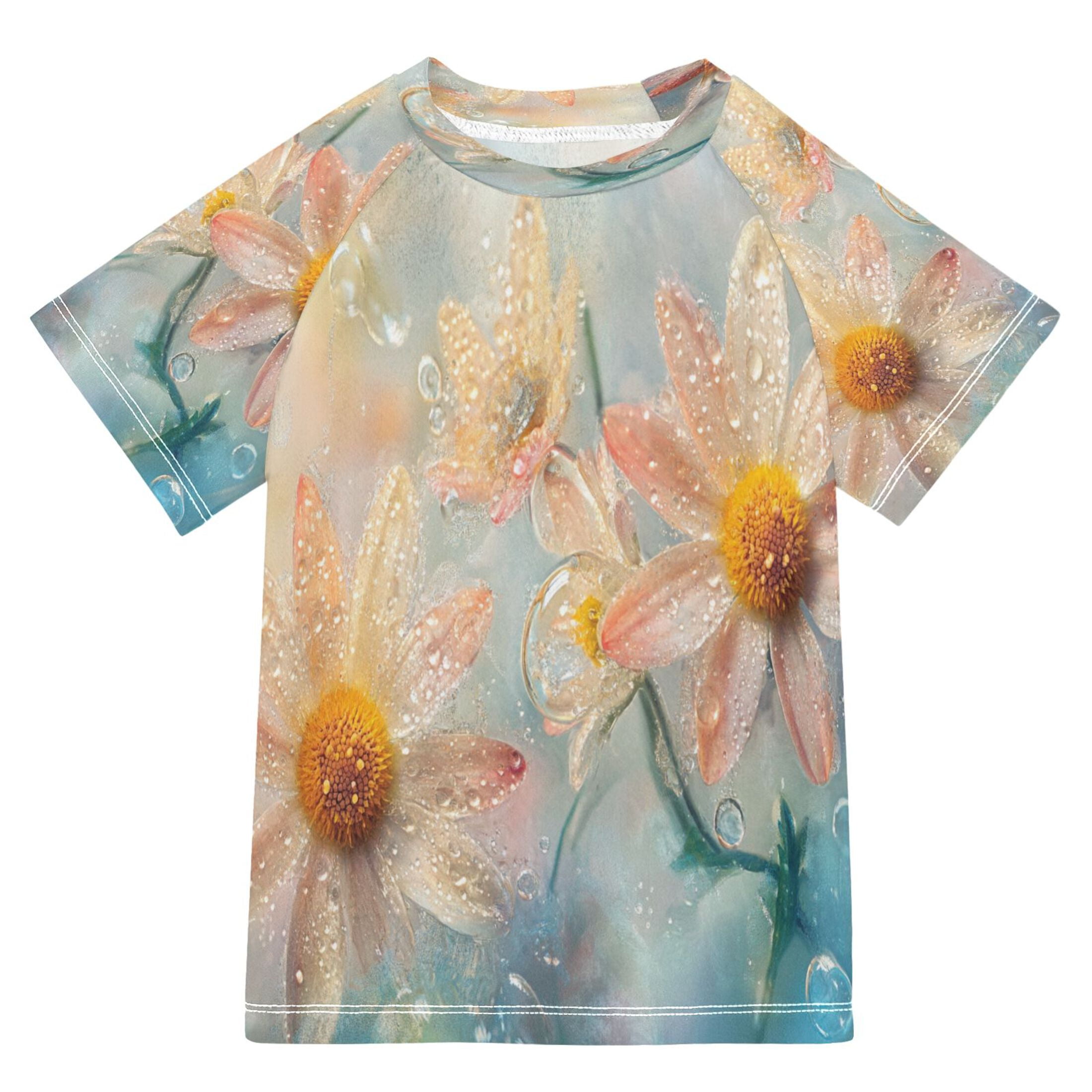 BZSMCE Summer T-shirt Sunscreen Flowers with Raindrops Pattern Swim ...
