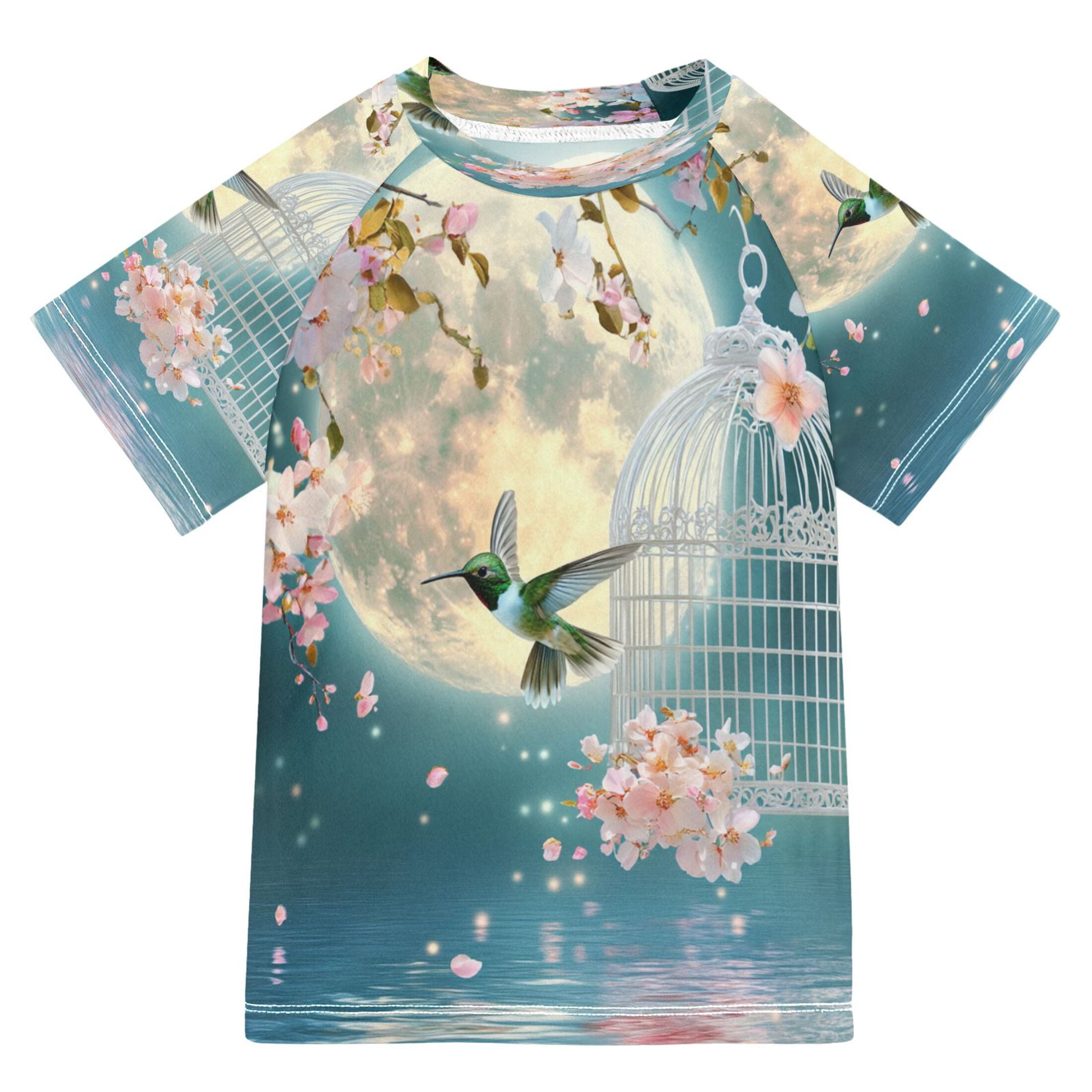 BZSMCE Summer T-shirt Sunscreen Hummingbird Moon Cage Flowers Water ...