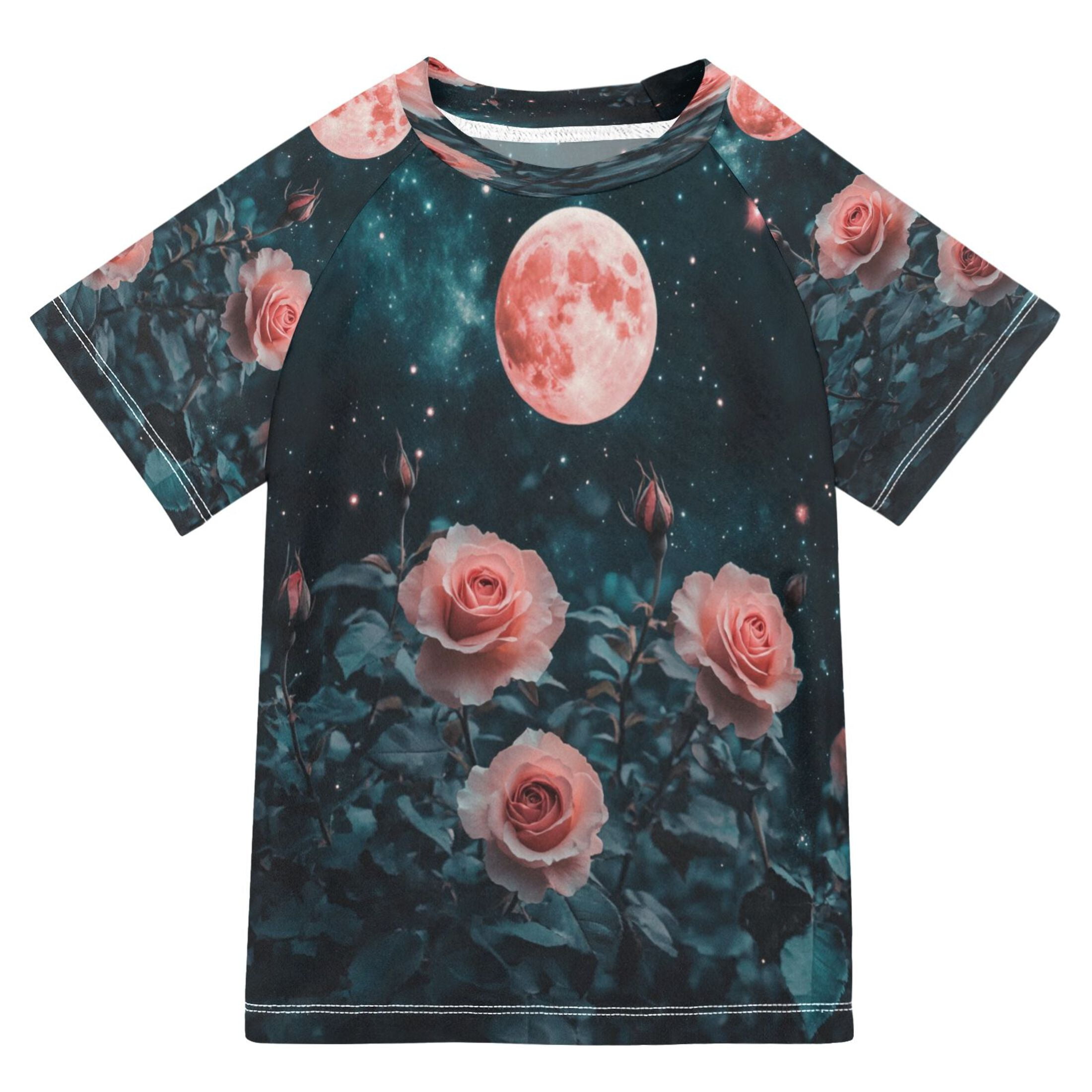 BZSMCE Summer T-shirt Sunscreen Roses under Red Moon Pattern Swim Tops ...