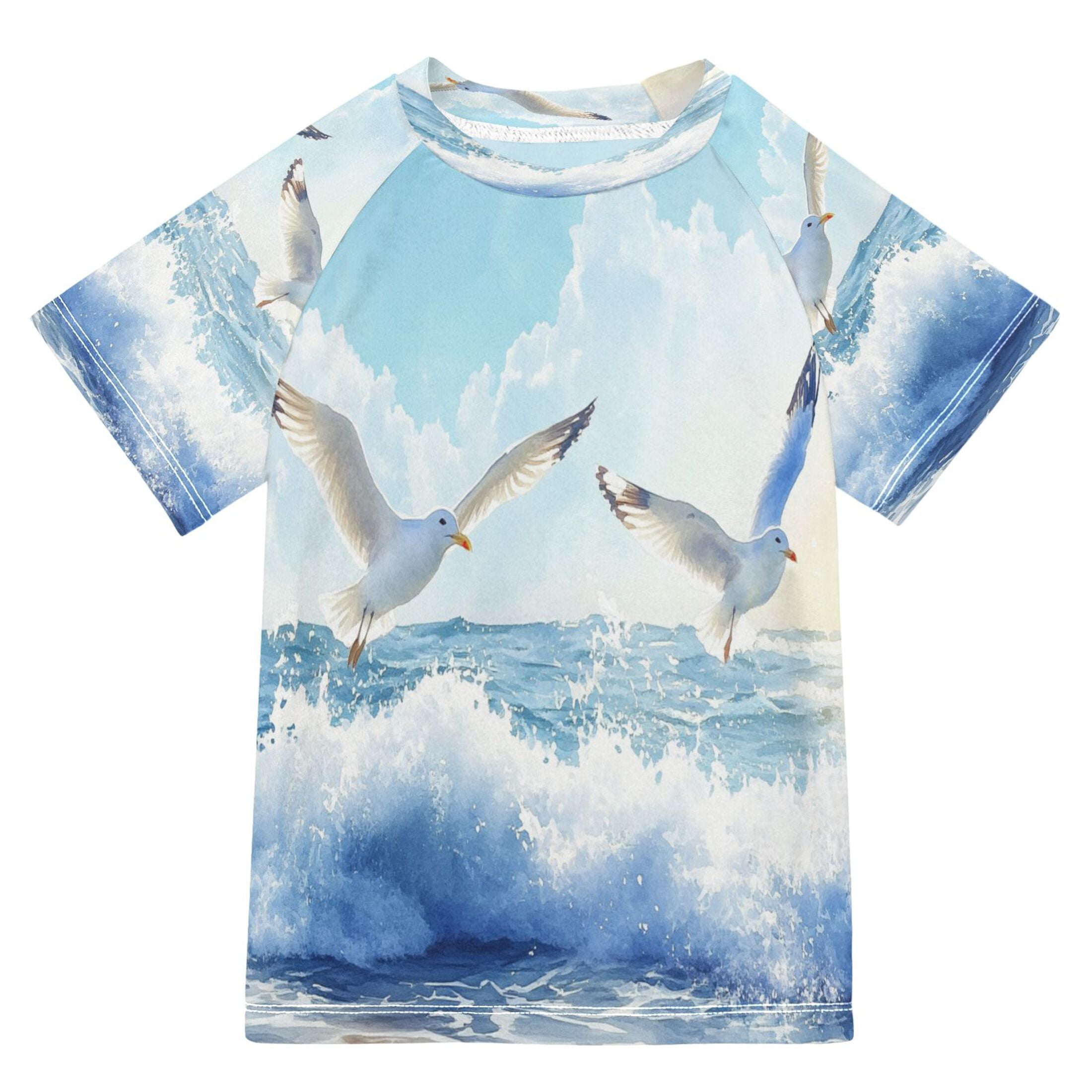 BZSMCE Summer T-shirt Sunscreen Seagulls over Ocean Waves Pattern Swim ...