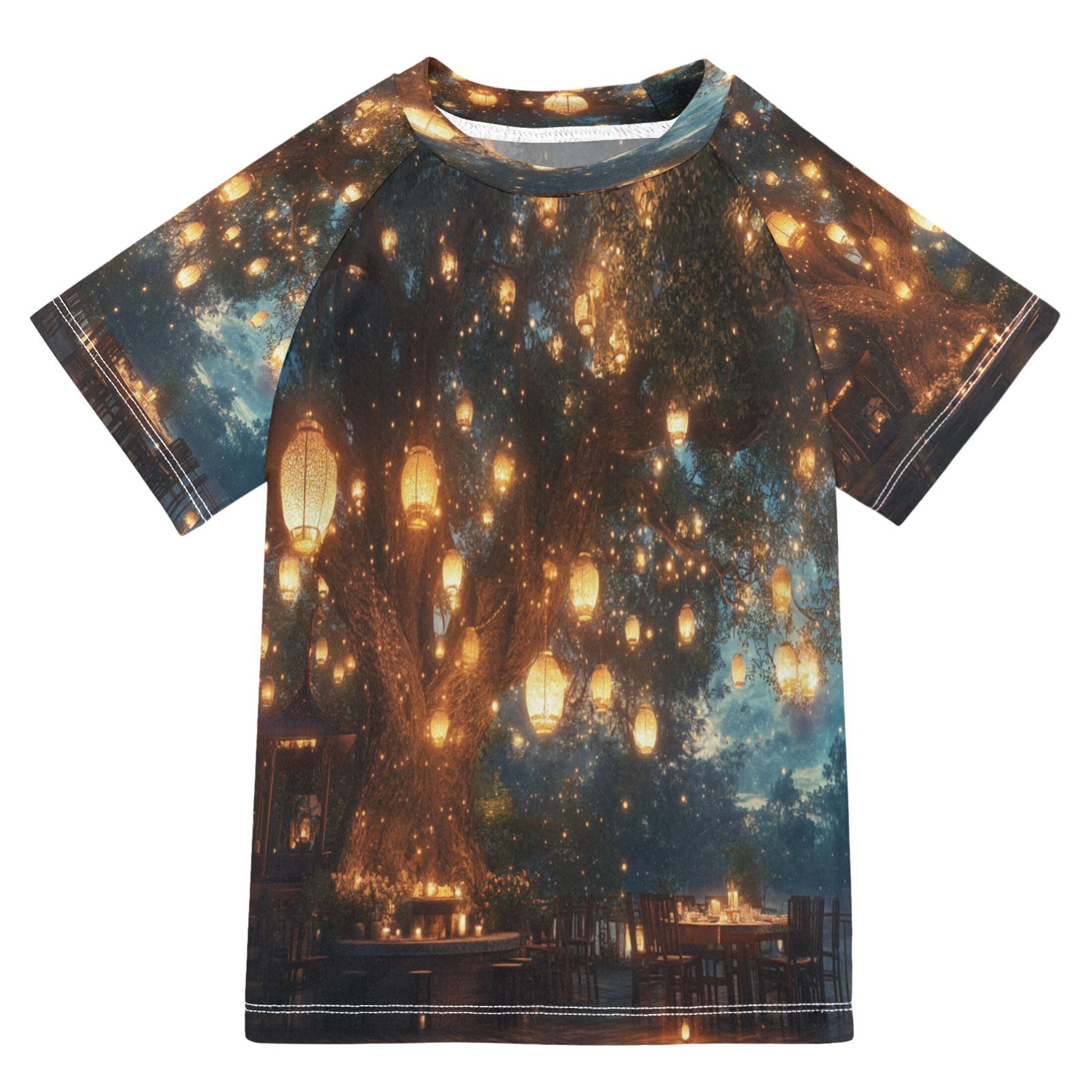 BZSMCE Summer T-shirt Sunscreen Tree with Hanging Lanterns Evening ...
