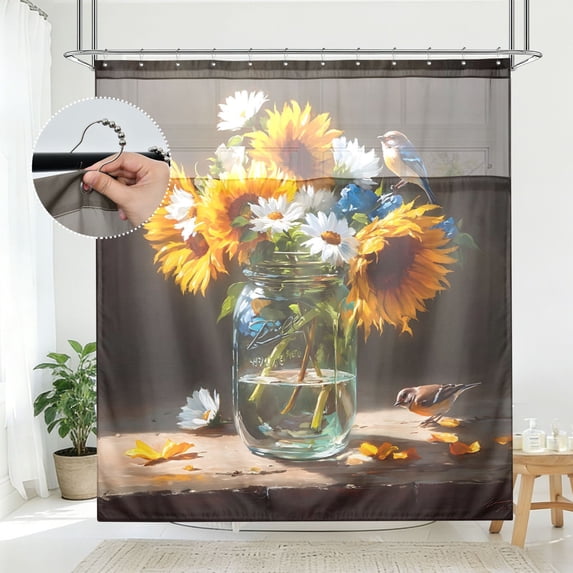 BZSMCE Sunflower Bird Pattern Bathroom Shower Curtain Set with Hooks ...