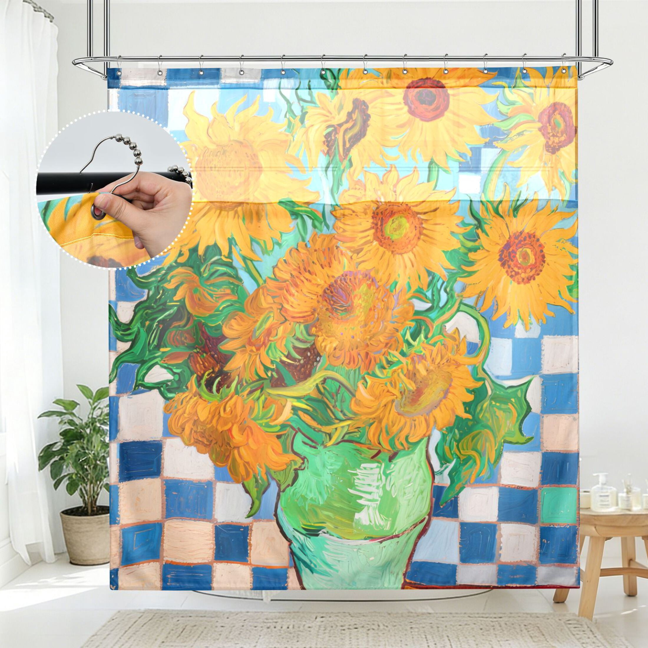 BZSMCE Sunflower Blue and White Plaid Pattern Bathroom Shower Curtain ...