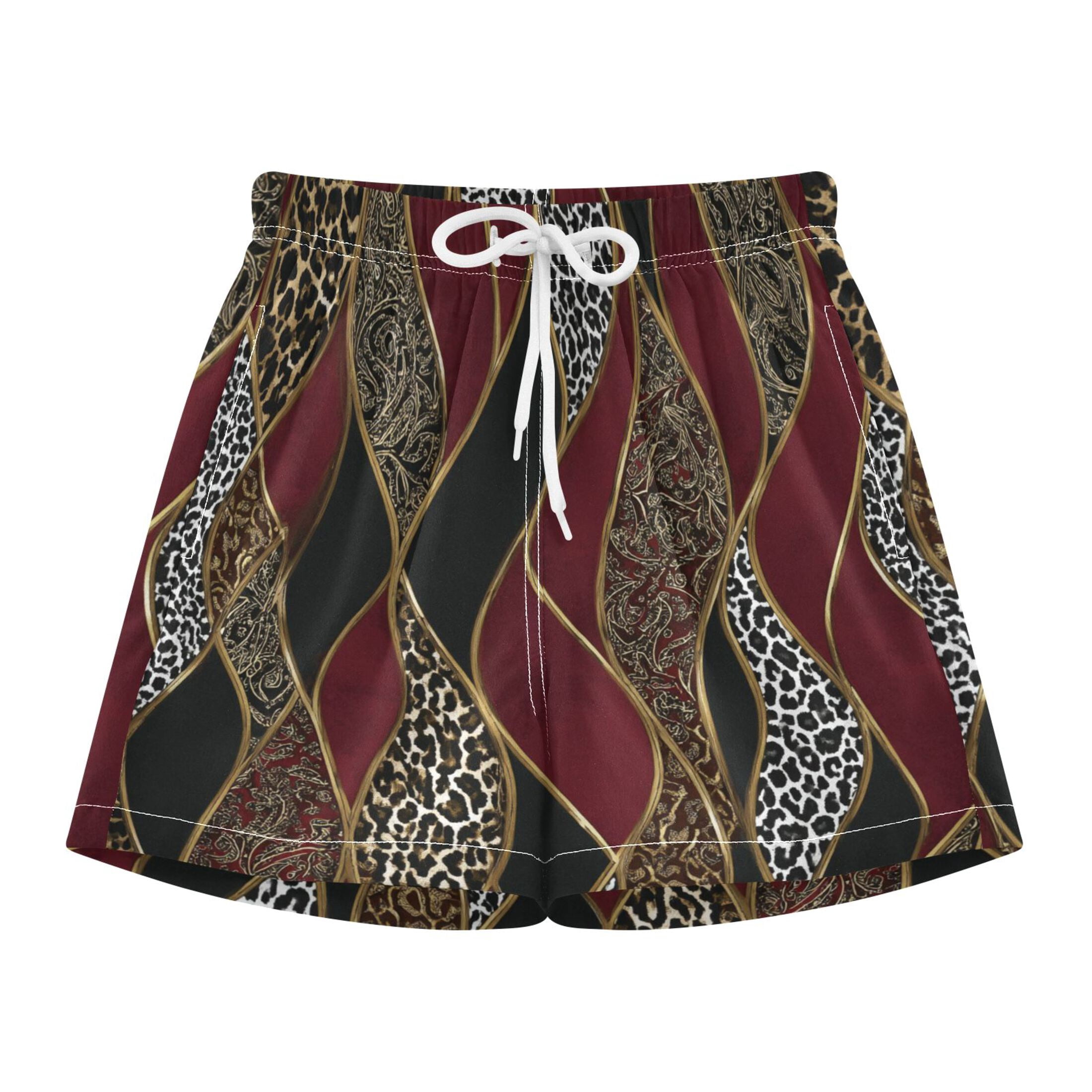 BZSMCE Swim Shorts Burgundy Leopard Wave For Quick-Dry Shorts With Anti ...
