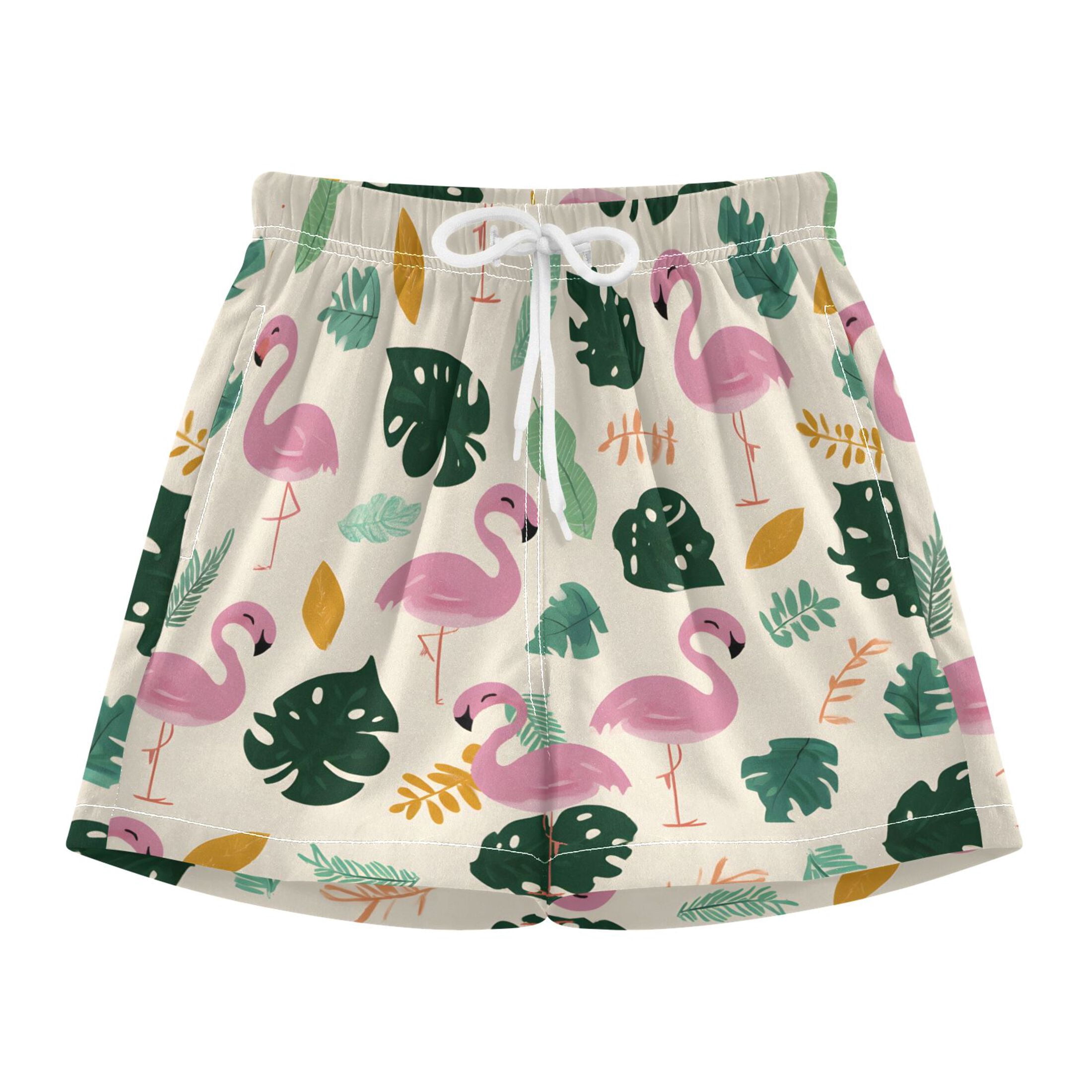 BZSMCE Swim Shorts Cute Flamingo Tropical Leaves Pattern For Quick-Dry ...
