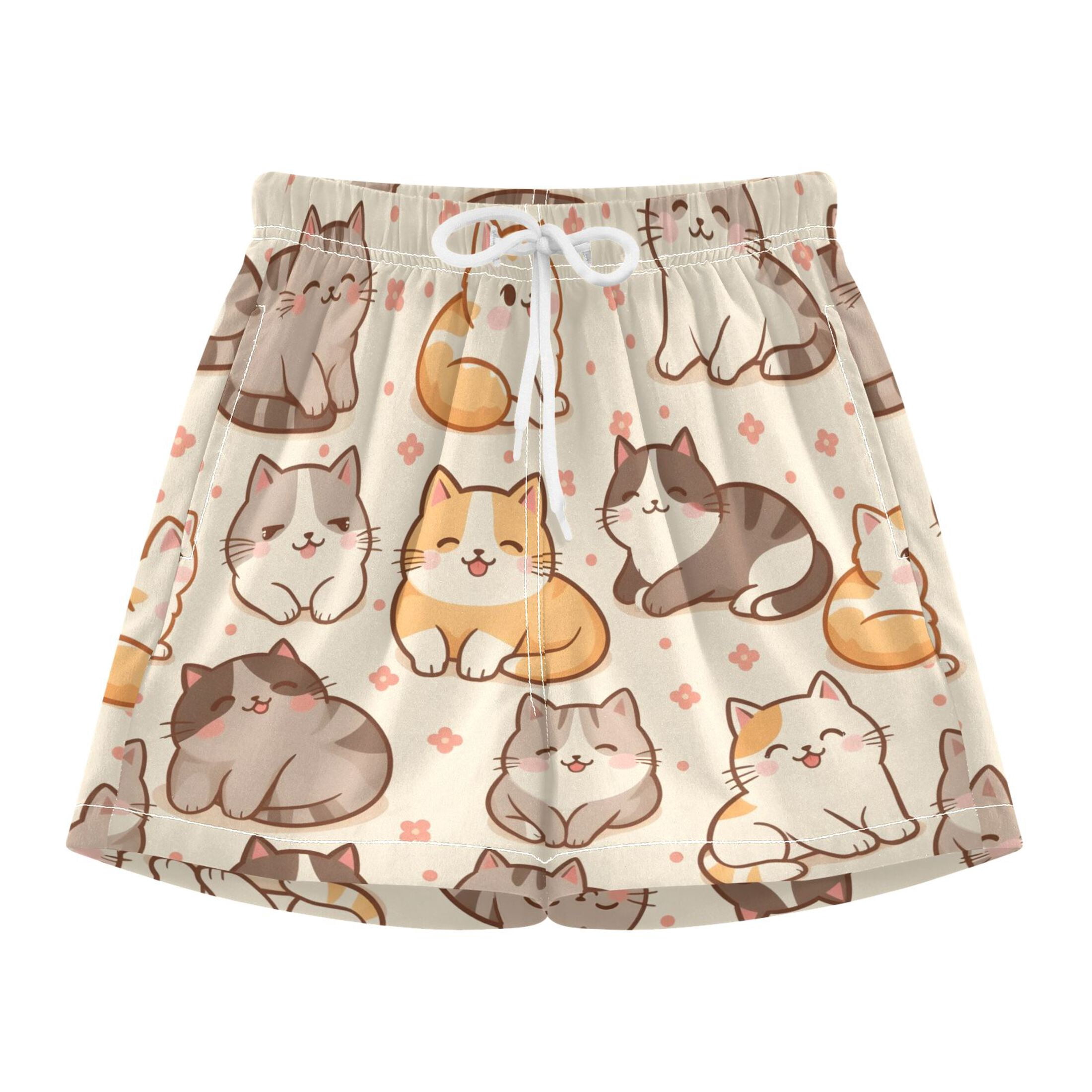 BZSMCE Swim Shorts Cute Striped Kitten with Red Flowers Pattern For ...