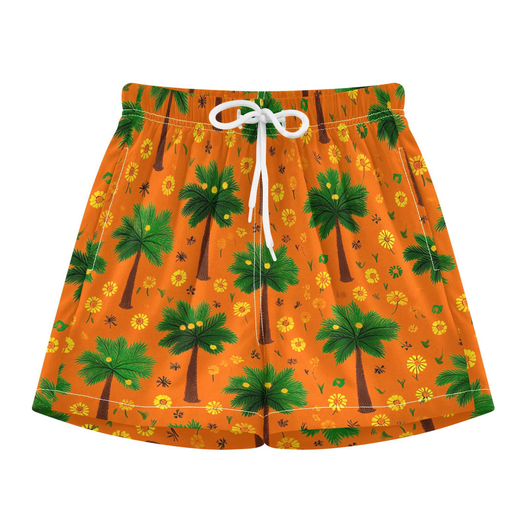 BZSMCE Swim Shorts Palm Trees Orange Background Pattern For Quick-Dry ...
